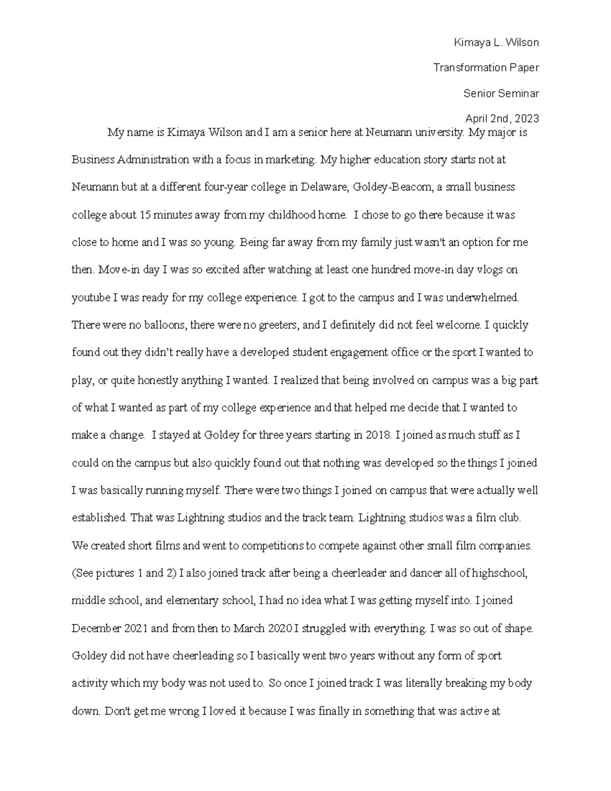 Writing points for my senior seminar transformation paper ...