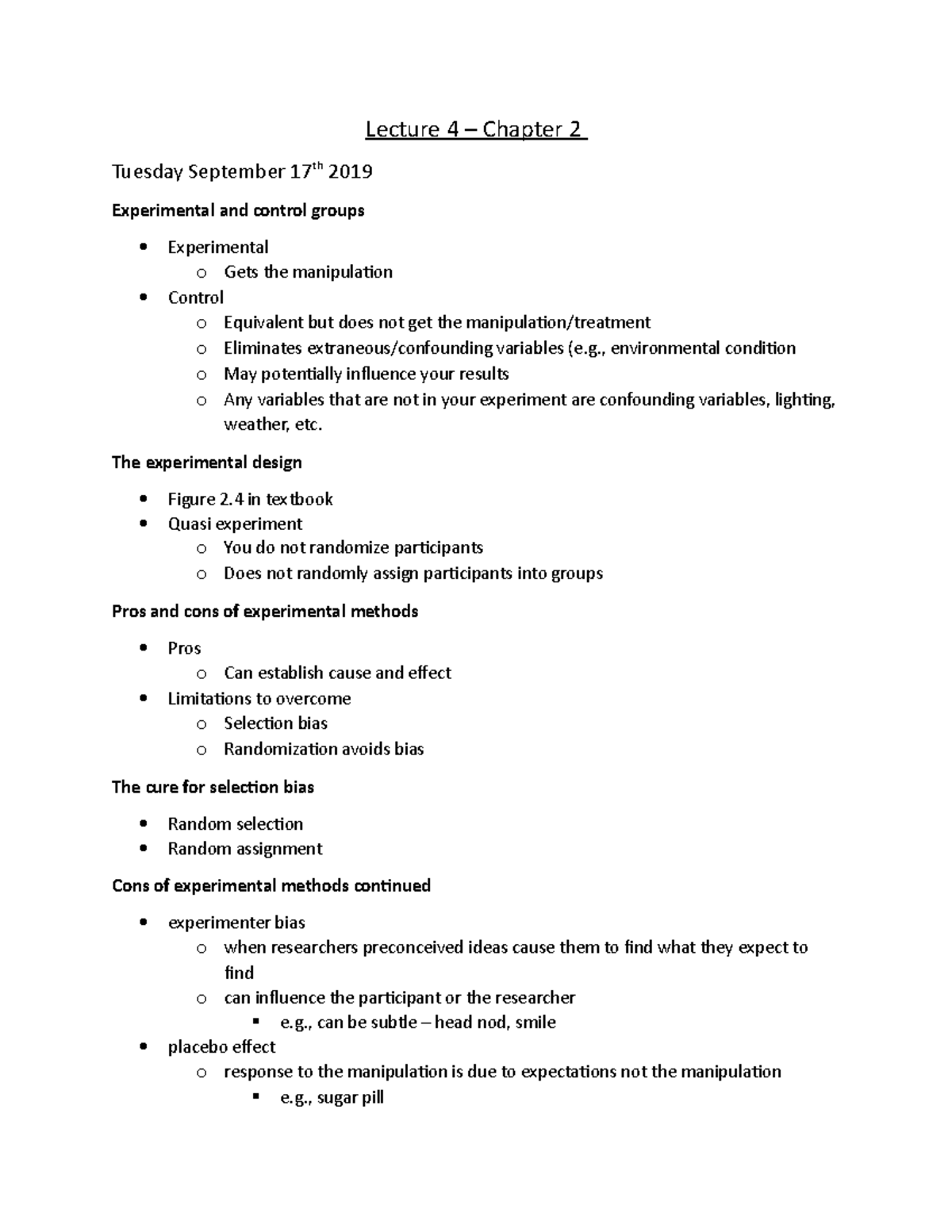 Lecture 4 In Class Notes Lecture 4 Chapter 2 Tuesday September 17th 2019 Experimental And