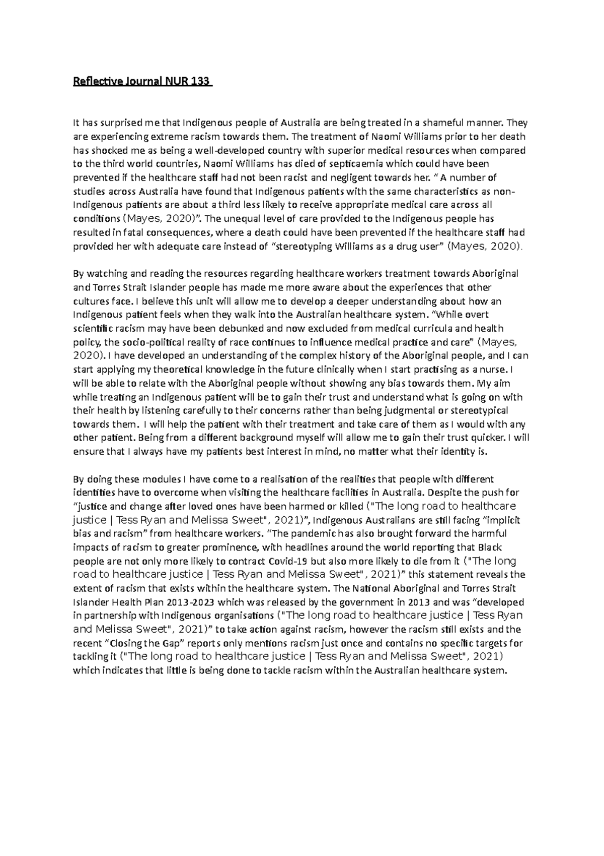 Reflective Journal NUR 133 - HNN227 - Deakin - Studocu