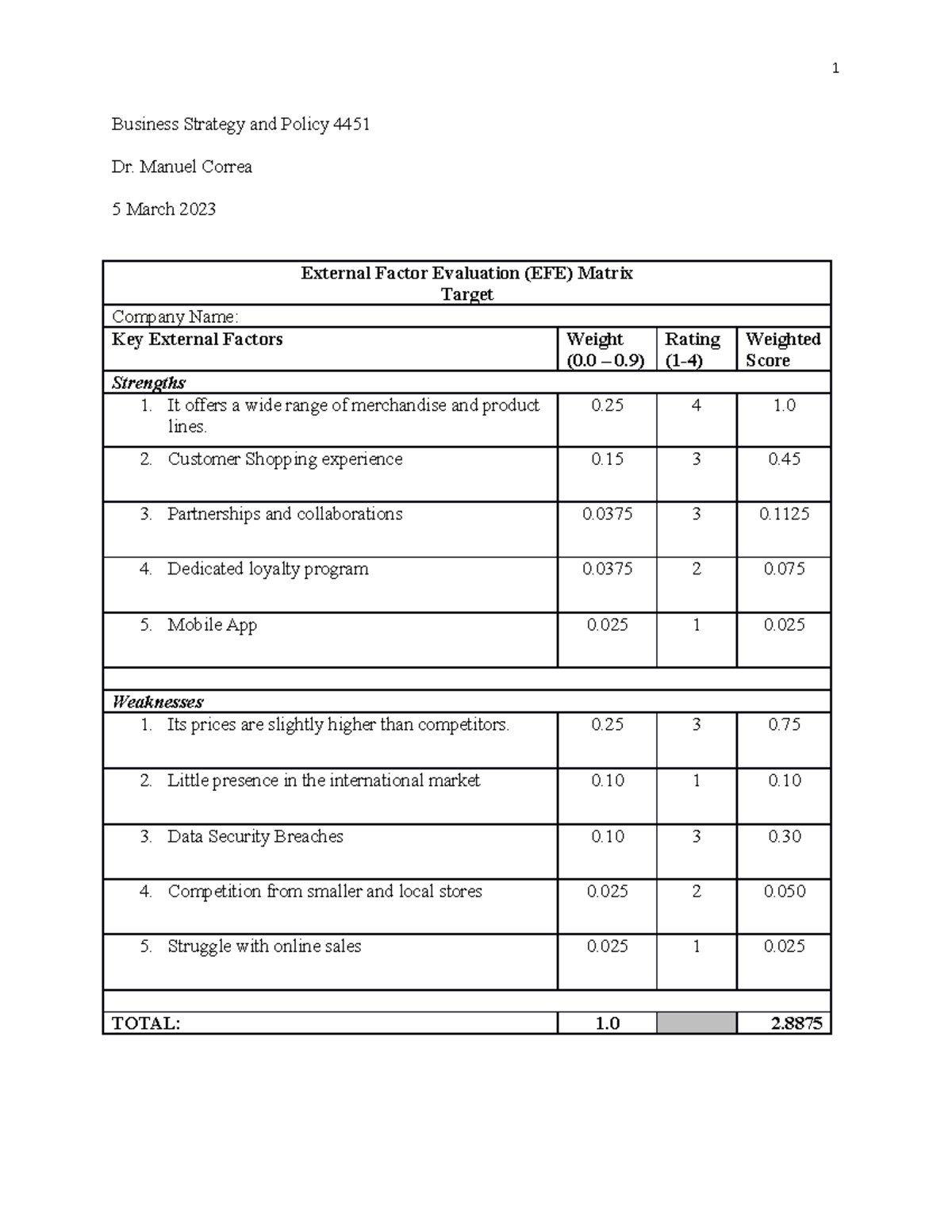 Written Assign #4 EFE Matrix Template -1 - Business Strategy and Policy ...