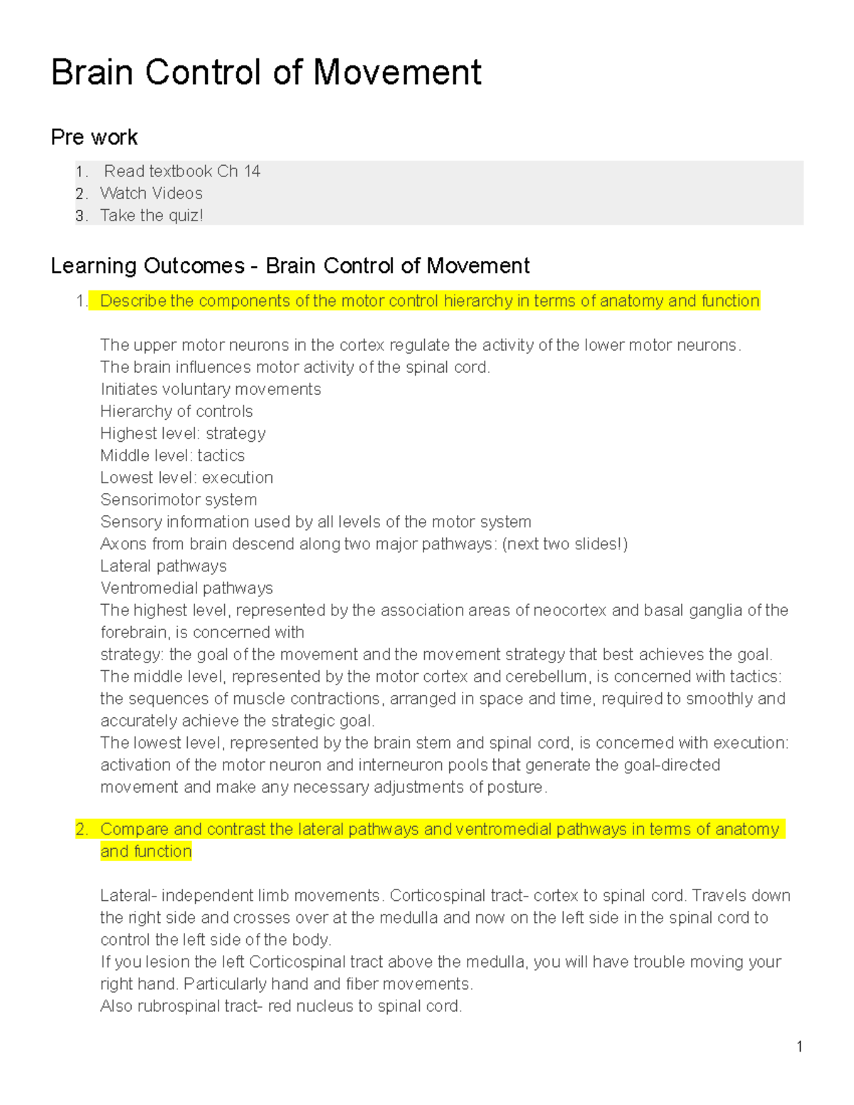 SW Brain Control of Movement - Brain Control of Movement Pre work Read ...