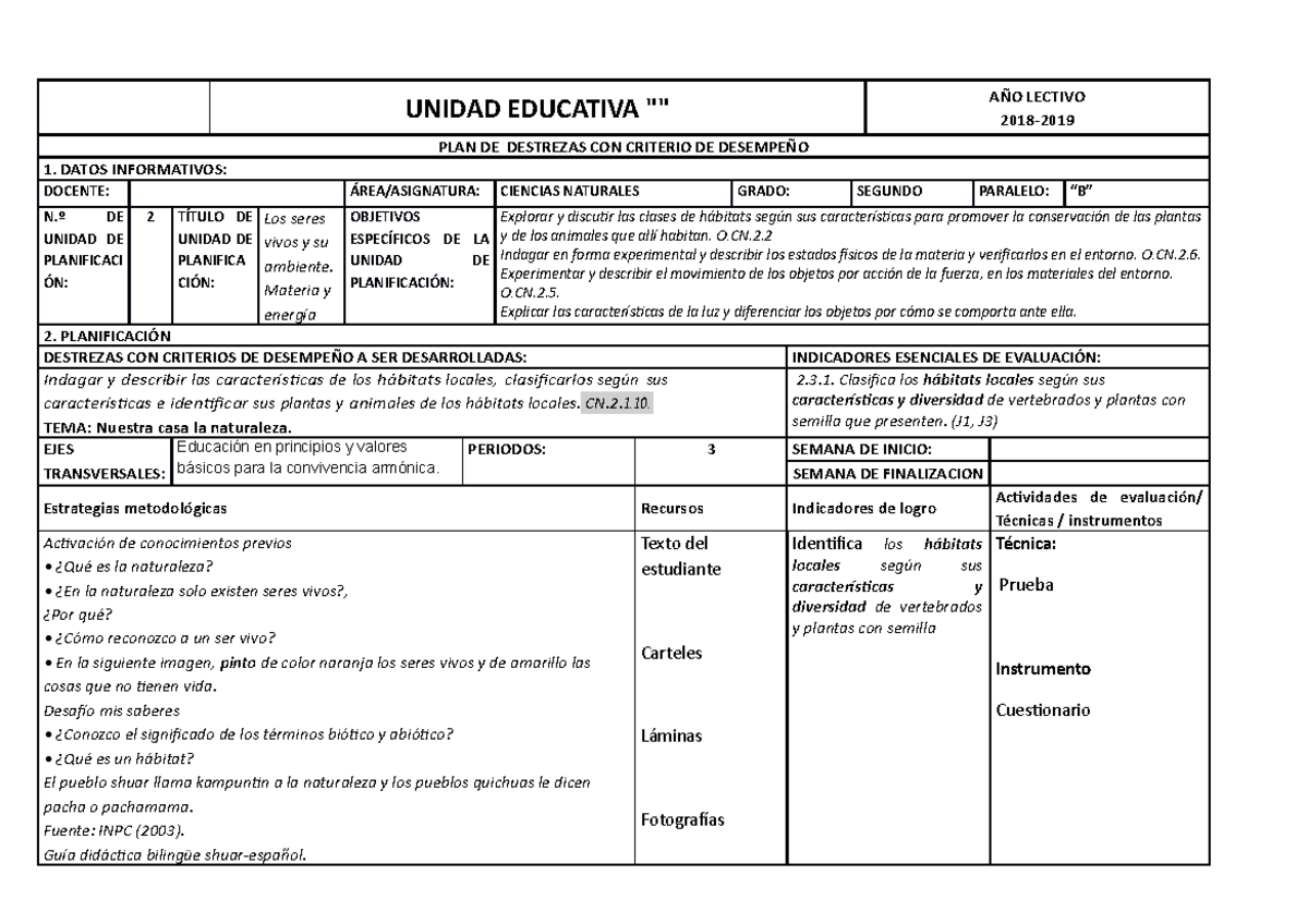 PUD Ciencias Naturales 2DO - UNIDAD EDUCATIVA "" AÑO LECTIVO 2018- PLAN ...