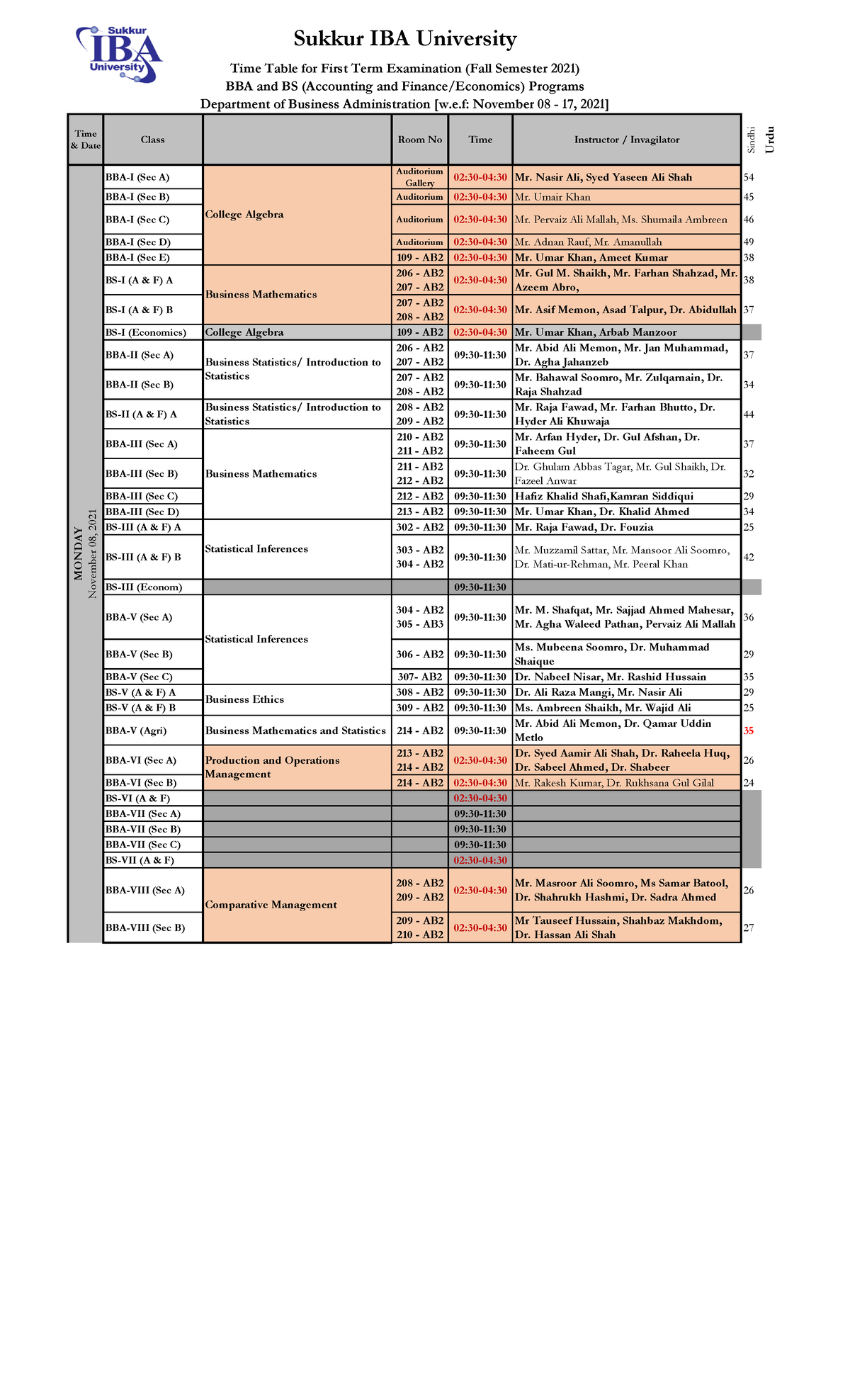 First Term Exam Fall 2021 Upd3 BA Invigilation - Time & Date Class Room ...