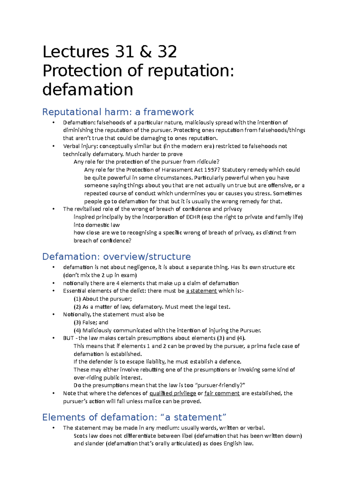 Lectures 31 & 32 – protection of reputation - Lectures 31 & 32 ...