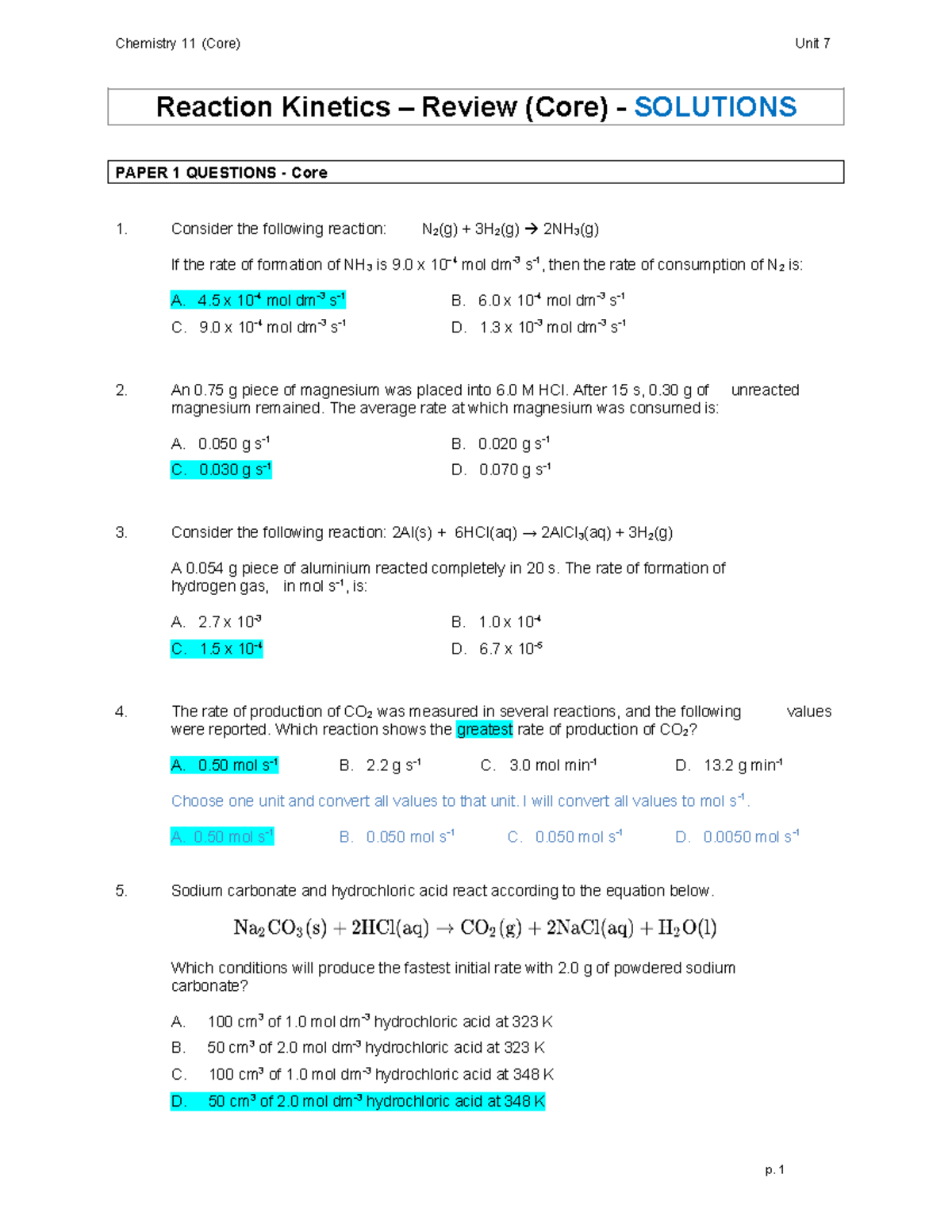Kinetics Review Questions Core (2024) Solutions - Reaction Kinetics ...