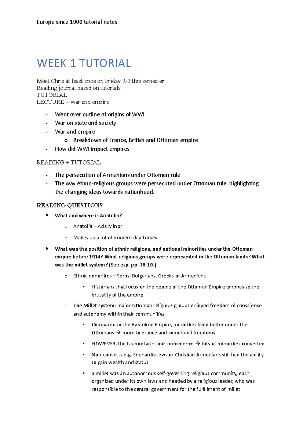 Europe since 1900 tutorial notes - WEEK 1 TUTORIAL Meet Chris at least ...