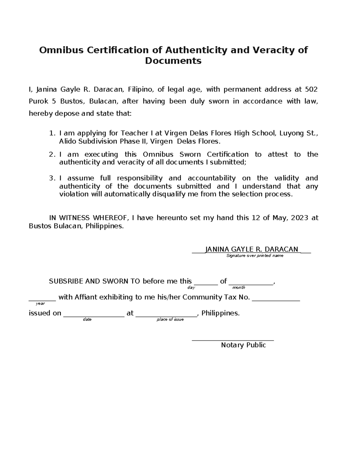 Omnibus Certification of Authenticity and Veracity of Documents v2 ...