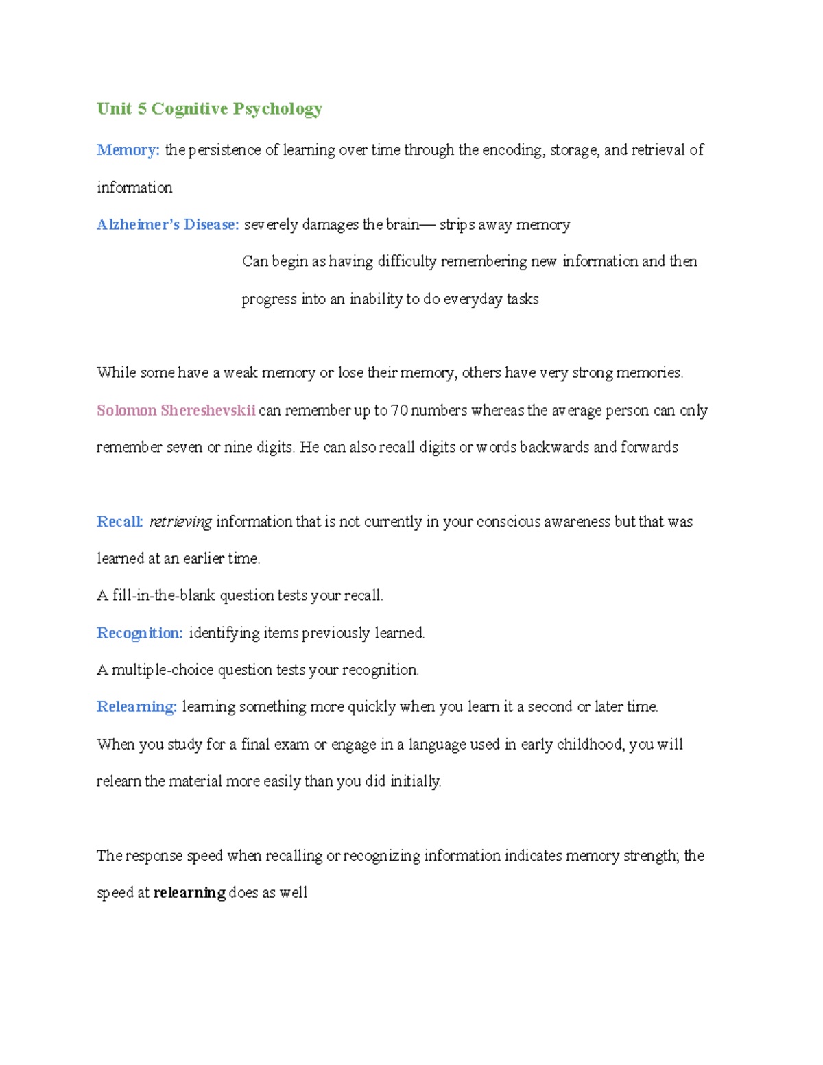 Unit 5 Cognitive Psychology - Unit 5 Cognitive Psychology Memory: the ...