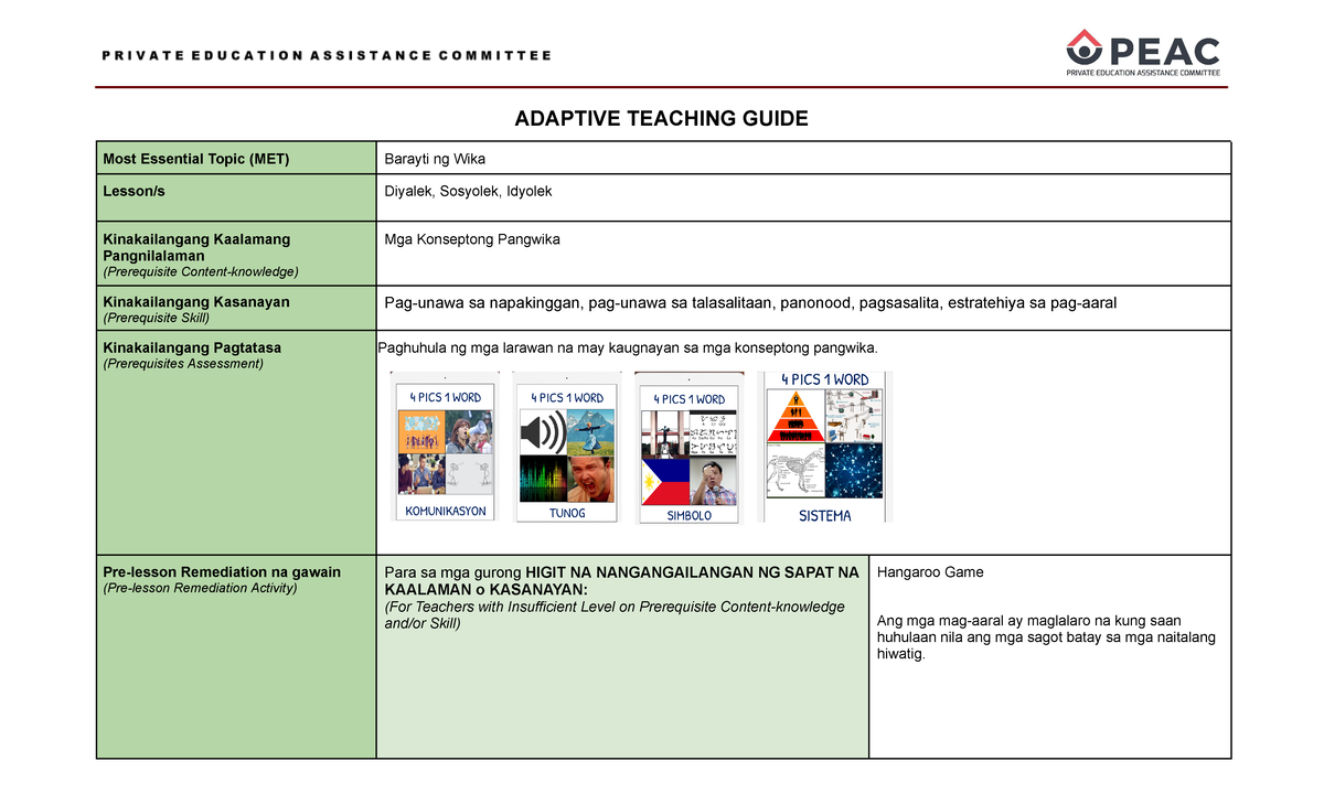 Group 2 KOM AT PAN ATG - GGGG - ADAPTIVE TEACHING GUIDE Most Essential Topic (MET) Barayti ng ...