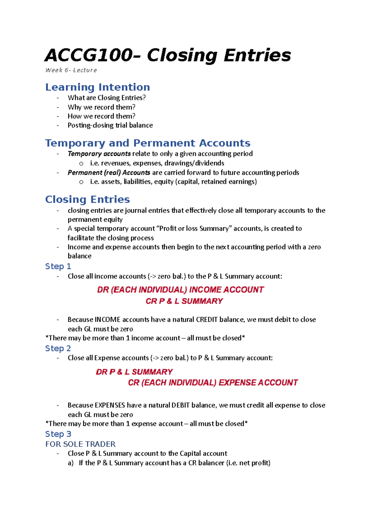 L6 Closing Entries - Week 6 - ACCG100– Closing Entries Week 6- Lecture ...
