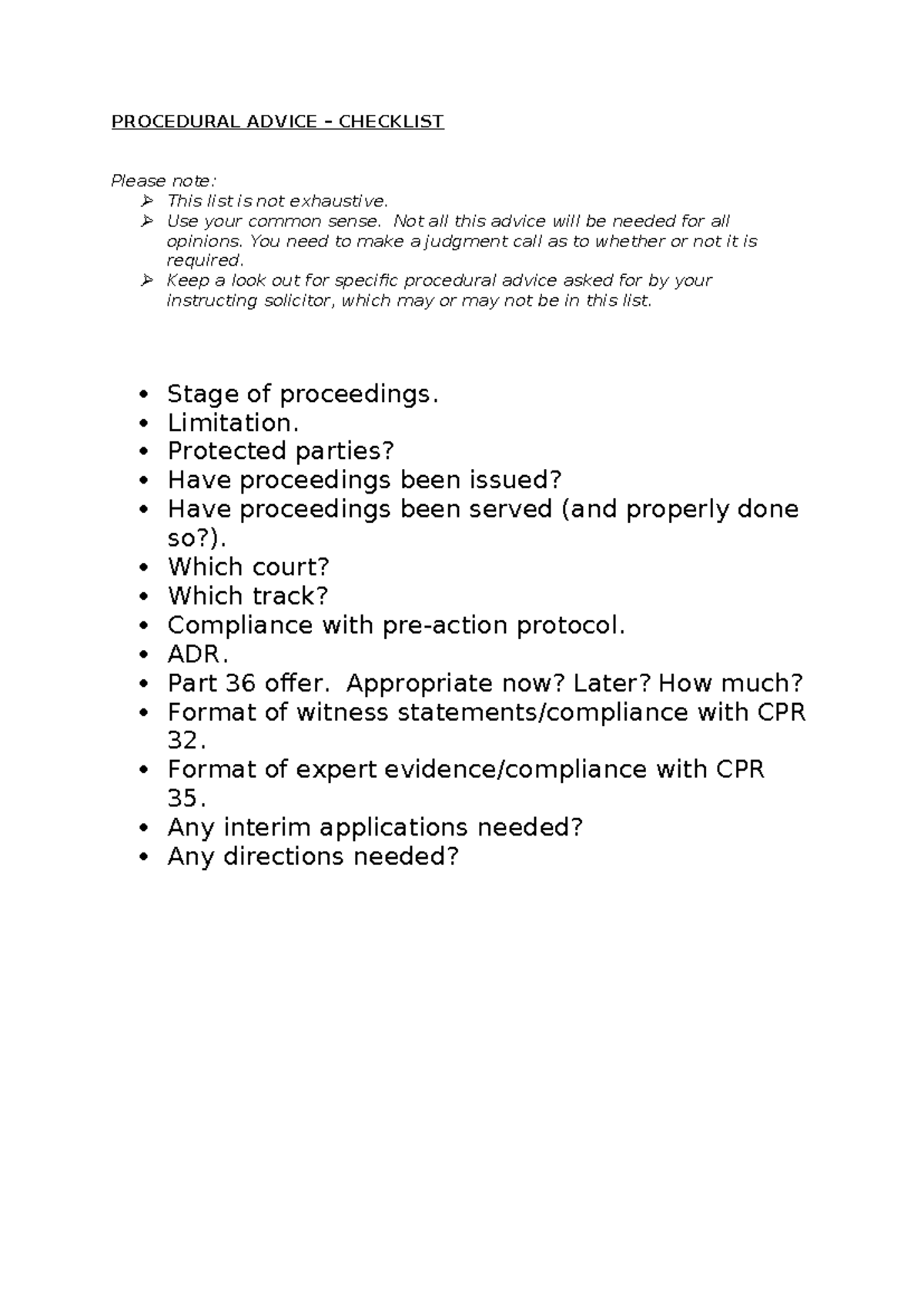 Procedural Advice Checklist - PROCEDURAL ADVICE – CHECKLIST Please note ...