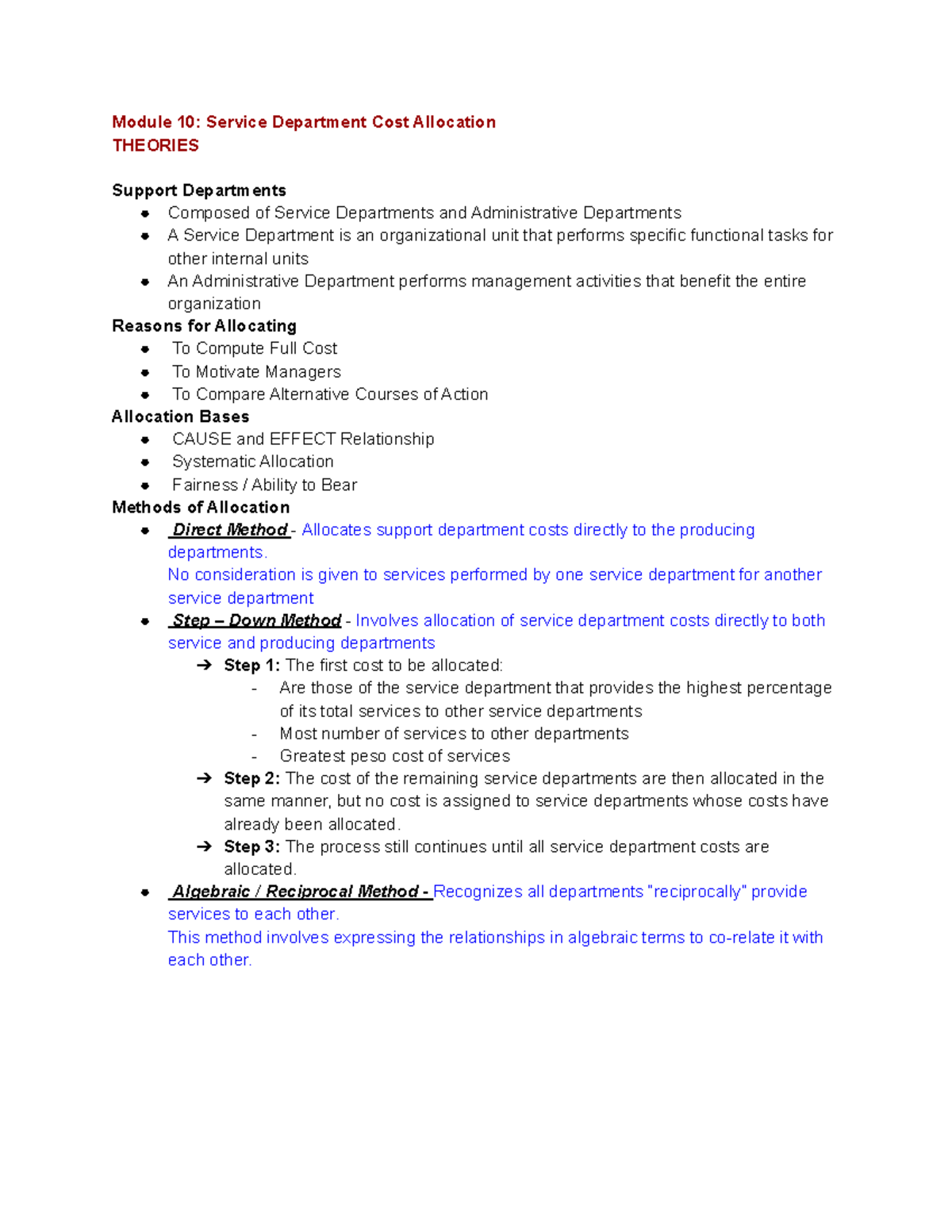 201 Notes - Module 10: Service Department Cost Allocation THEORIES ...