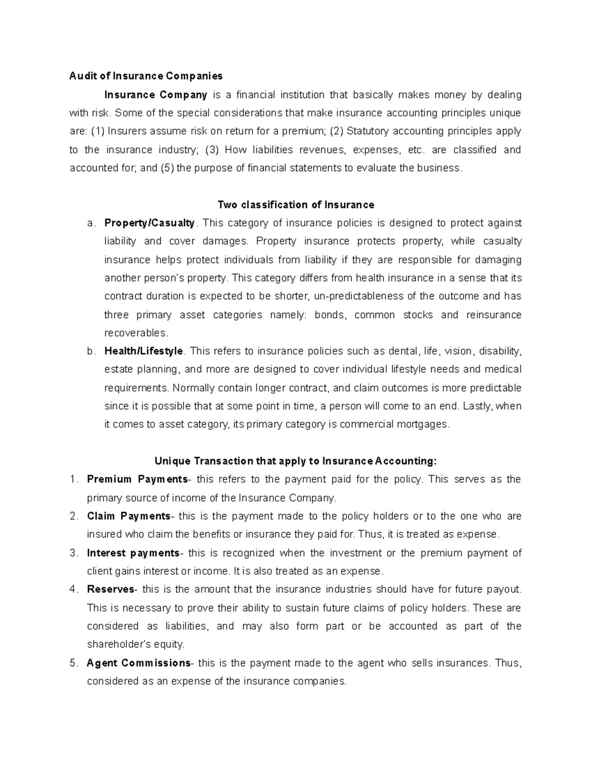 Auditing and Assurance: Specialized IndustryAudit of Insurance - Audit ...