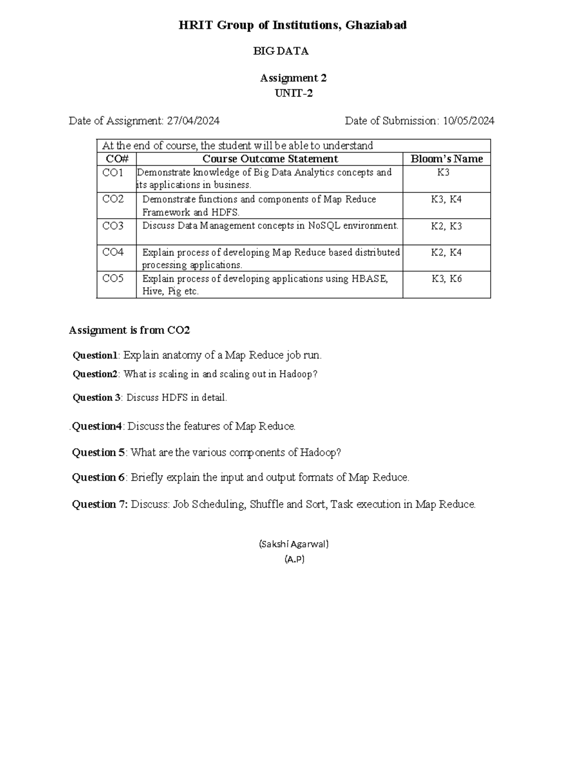 Big data assign 2 - Gud - HRIT Group of Institutions, Ghaziabad BIG ...