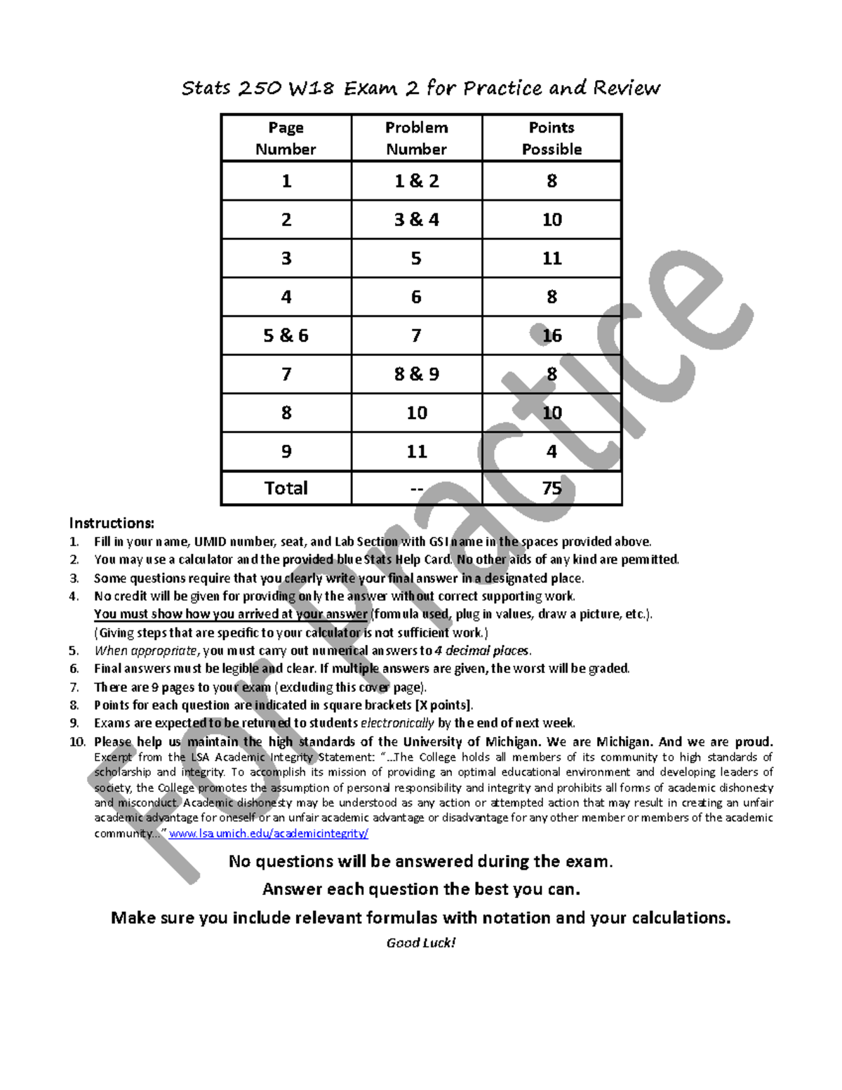 Stats 250 W18 Exam 2 for Practice - Stats 250 W18 Exam 2 for Practice ...