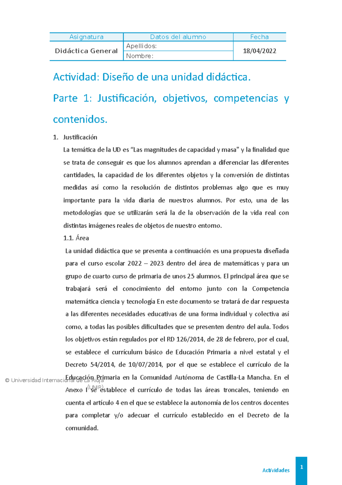Diseño de una unidad didáctica. Parte 1 Justificación, objetivos, competencias y contenidos ...