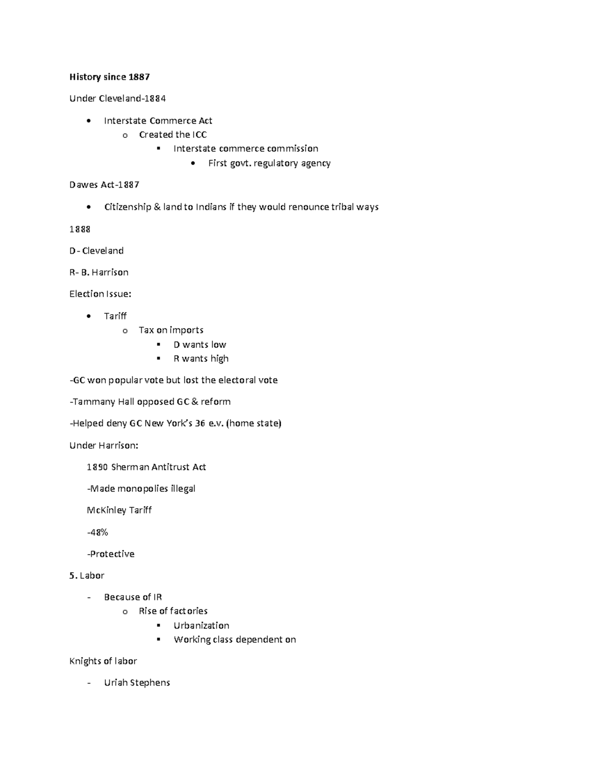 1877 - Lecture notes - History since 1887 Under Cleveland- Interstate ...