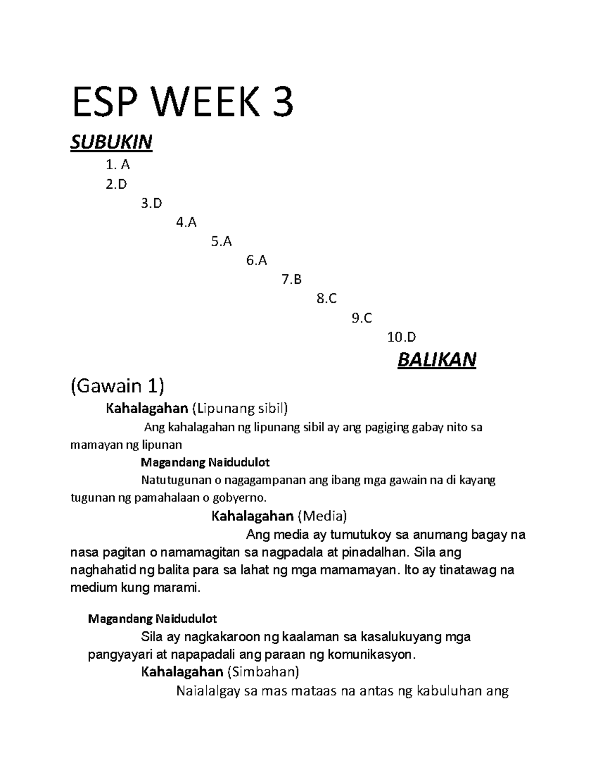 ESP WEEK 3 Subukin 1 - about esp - ESP WEEK 3 SUBUKIN 1. A 2 3 4 5 6 7 ...