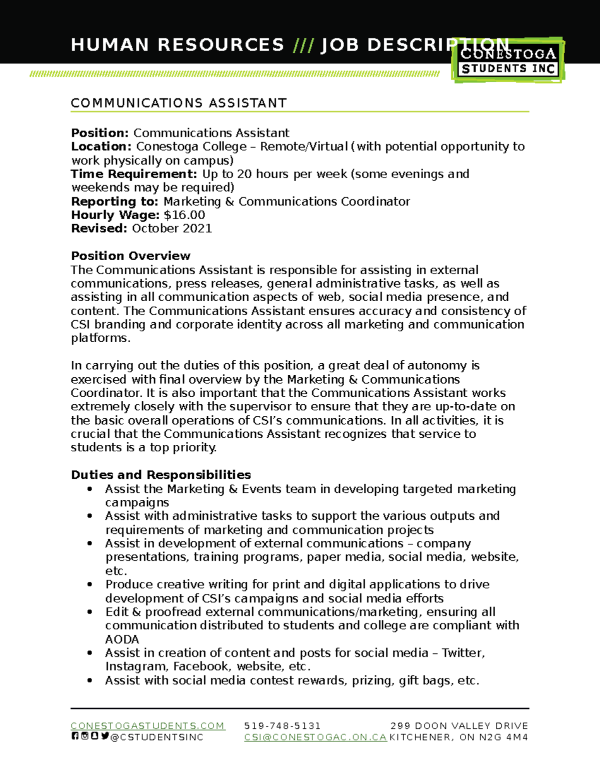 Communications Assistant Job Description 2021 - COMMUNICATIONS ...
