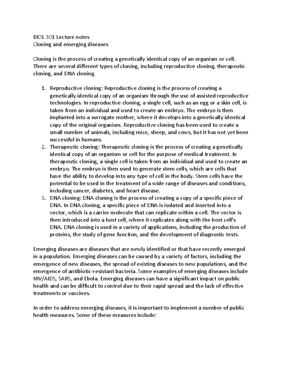 BIOL 301 cloning and emerging diseases notes - BIOL 301 Lecture notes ...