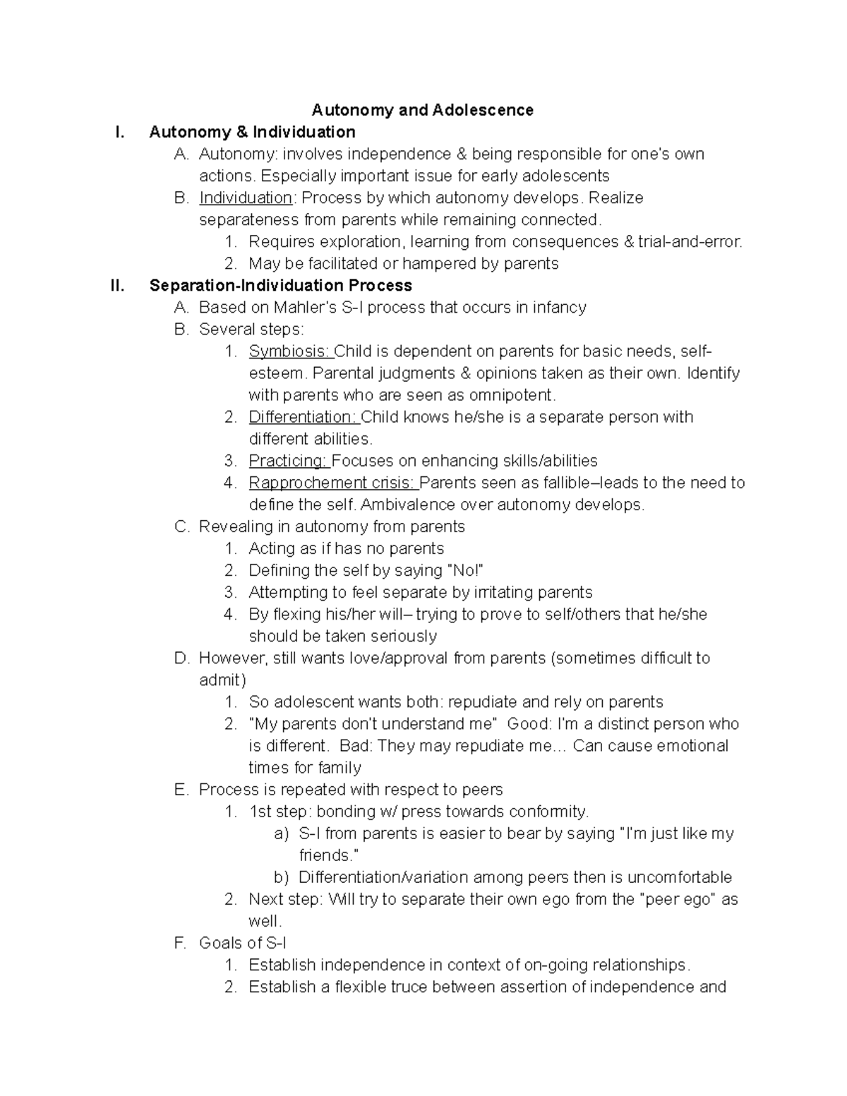 PSY357 Ch. 10 Autonomy - Autonomy and Adolescence I. Autonomy ...