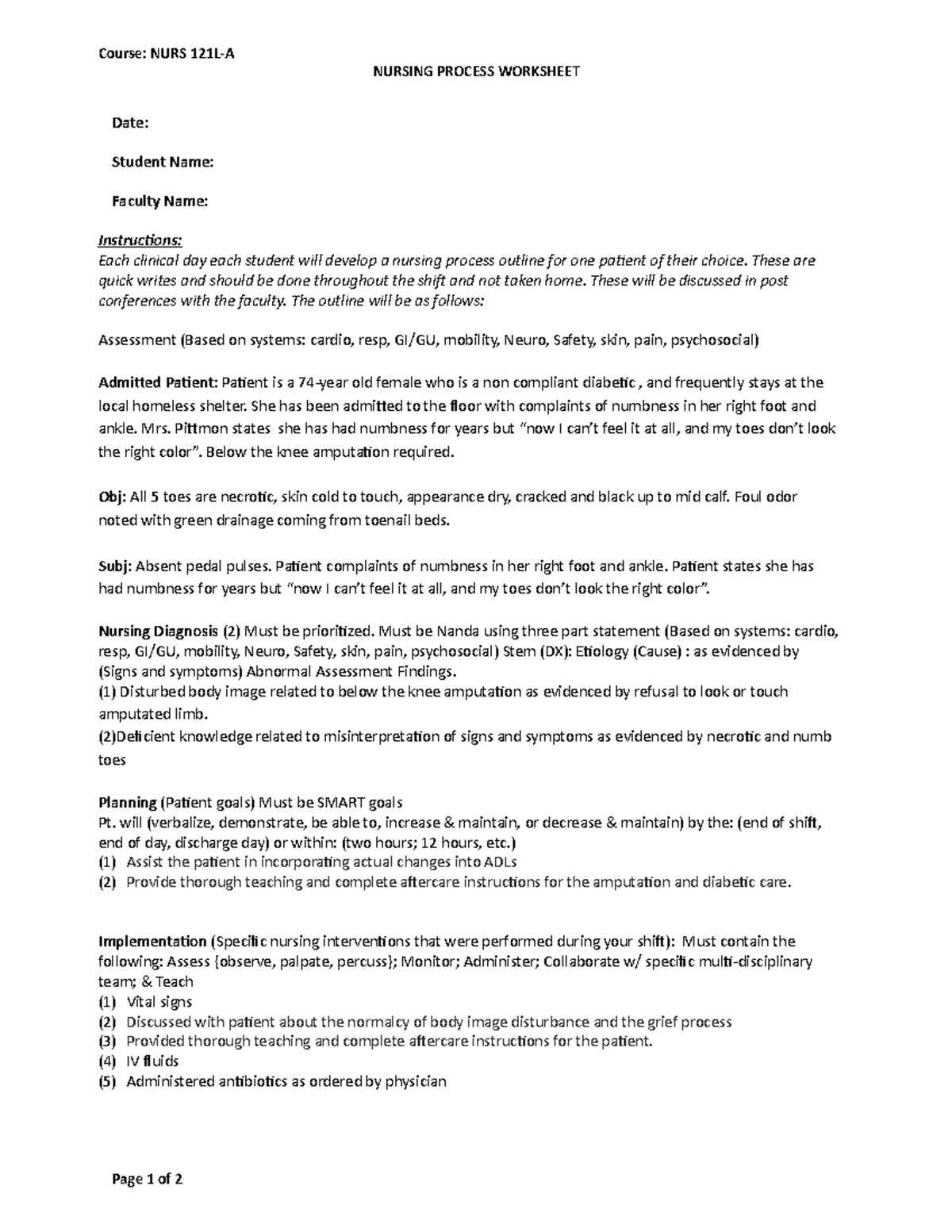 Week 8 Nursing Process Worksheet - Course: NURS 121L-A NURSING PROCESS ...