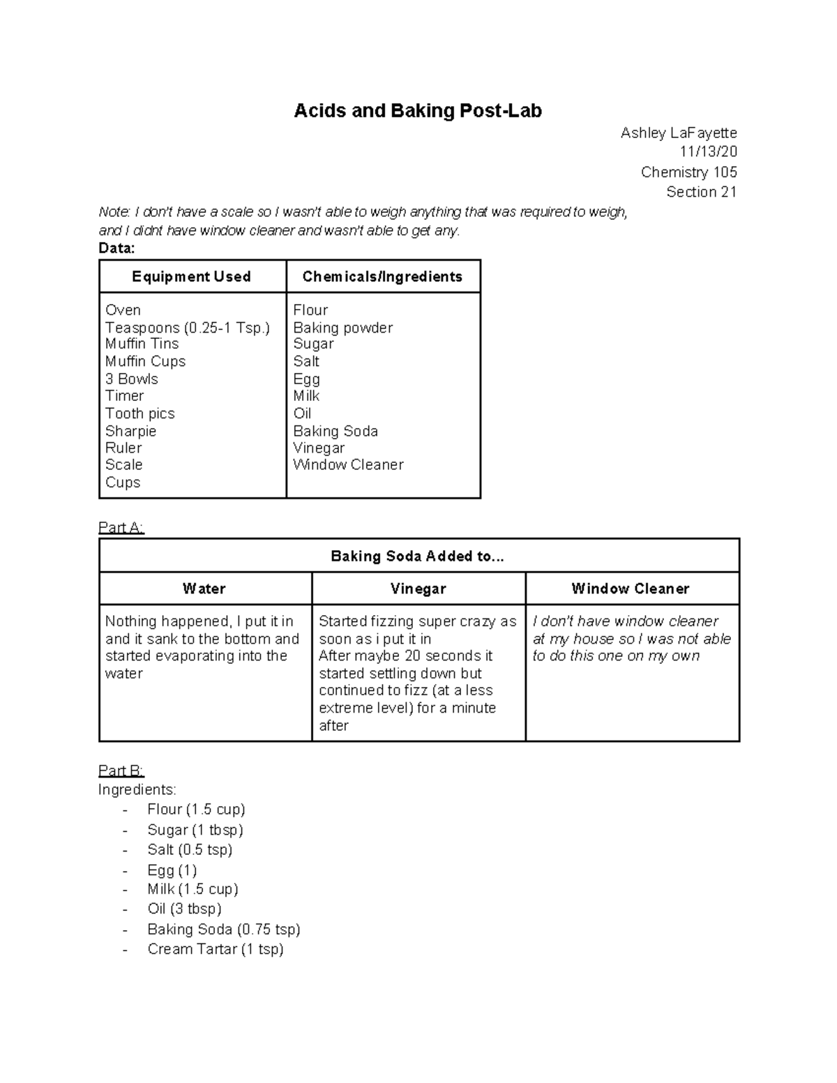 Acids and Baking Post-Lab - Acids and Baking Post-Lab Ashley LaFayette ...