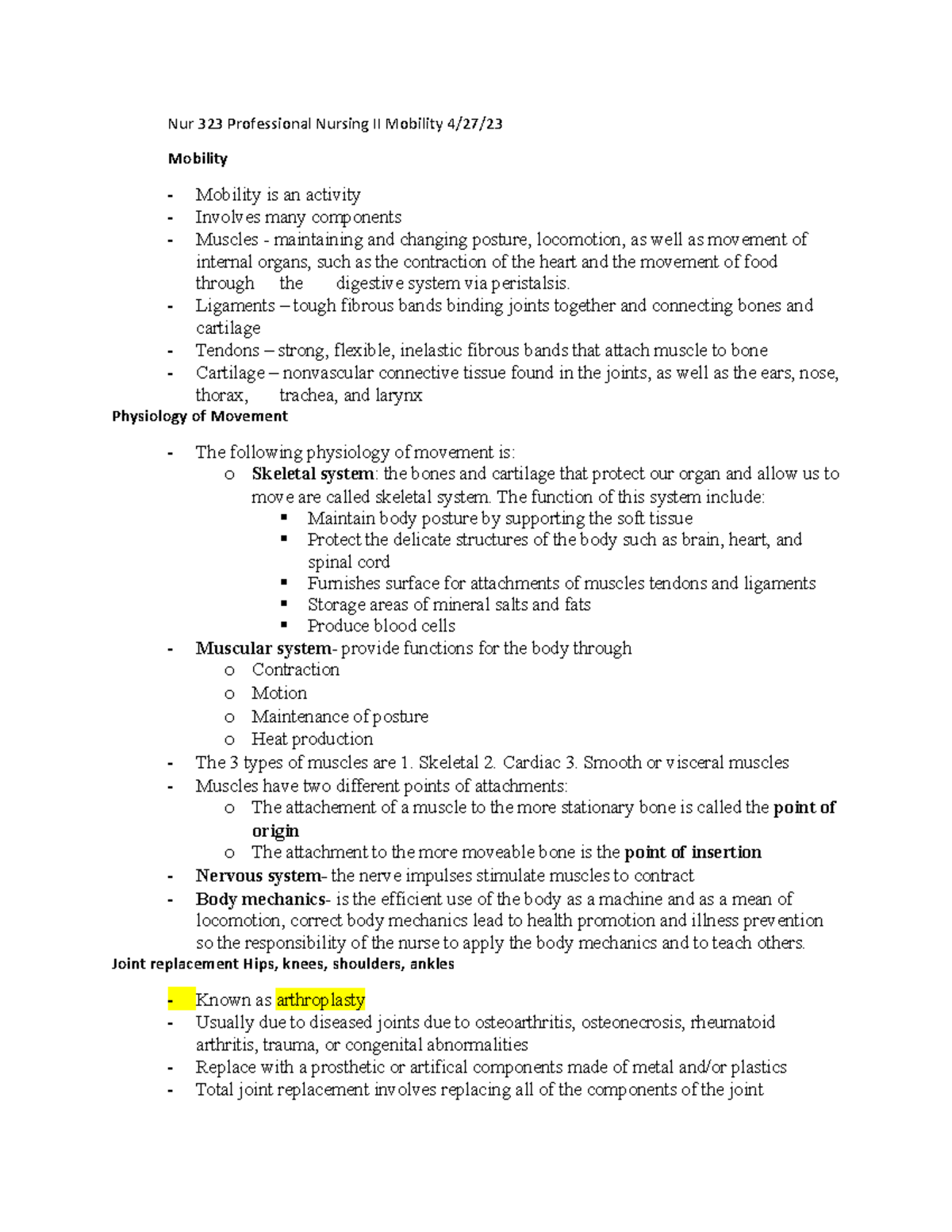 Mobility 4-28 - Nur 323 Professional Nursing II Mobility 4/27/ Mobility ...