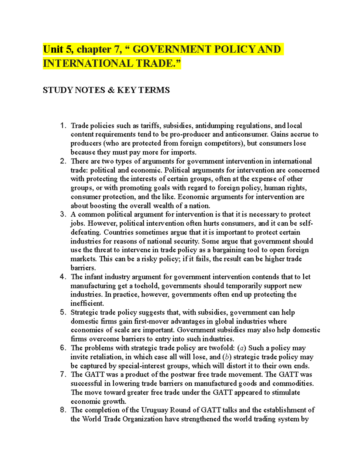 MT220 Unit 5 Study notes, chapter 7, “ Government Policy AND ...