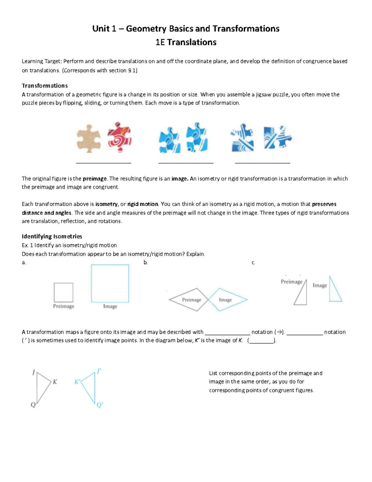 1e translations notes - Unit 1 – Geometry Basics and Transformations 1E ...