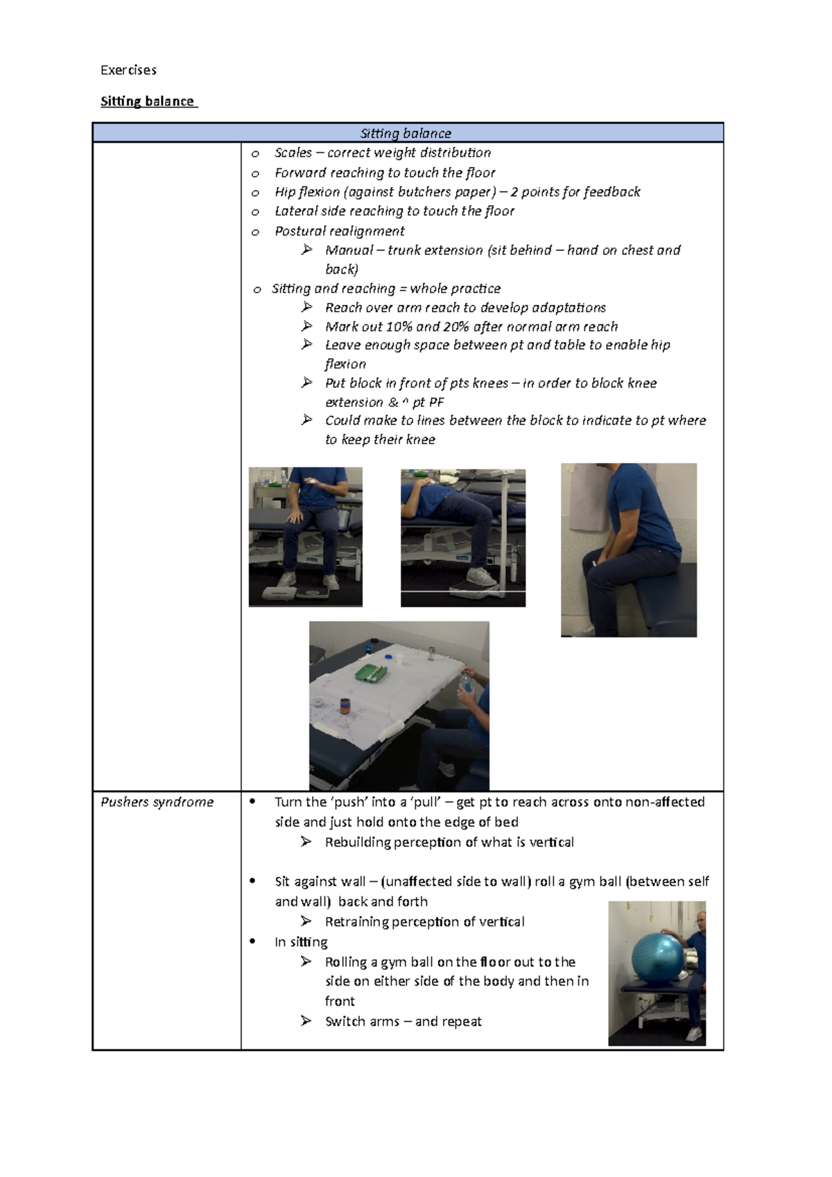 Exercises-from-pracs - Exercises Sitting balance Sitting balance o ...