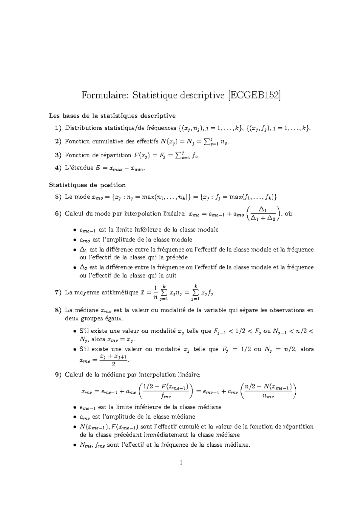 Formulaire - Formules pour statistiques - Formulaire: Statistique ...