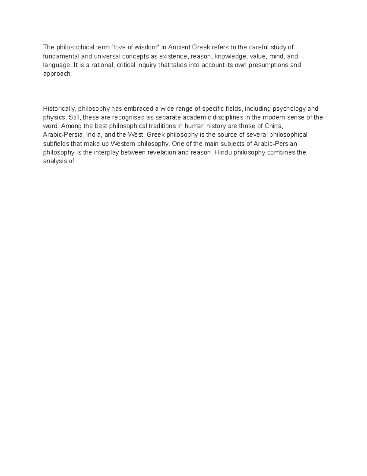 Phil101 - Summary Philosophy Of ELCC - The philosophical term "love of ...