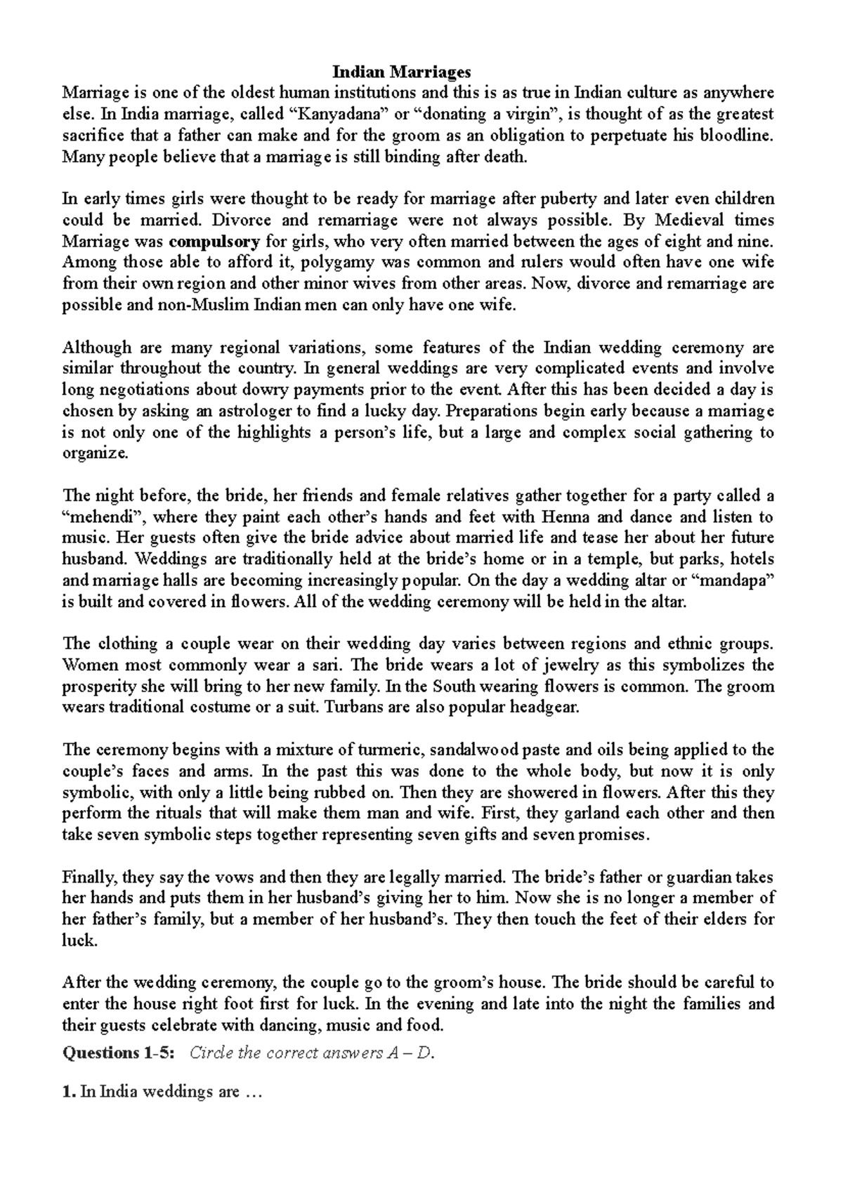 Reading Practice - Indian Marriages Marriage is one of the oldest human ...