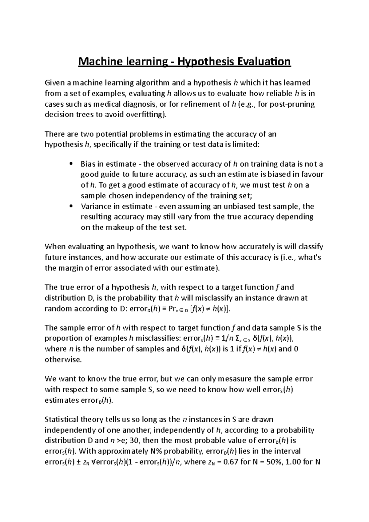 Machine learning - Hypothesis Evaluation - , for post-pruning decision ...