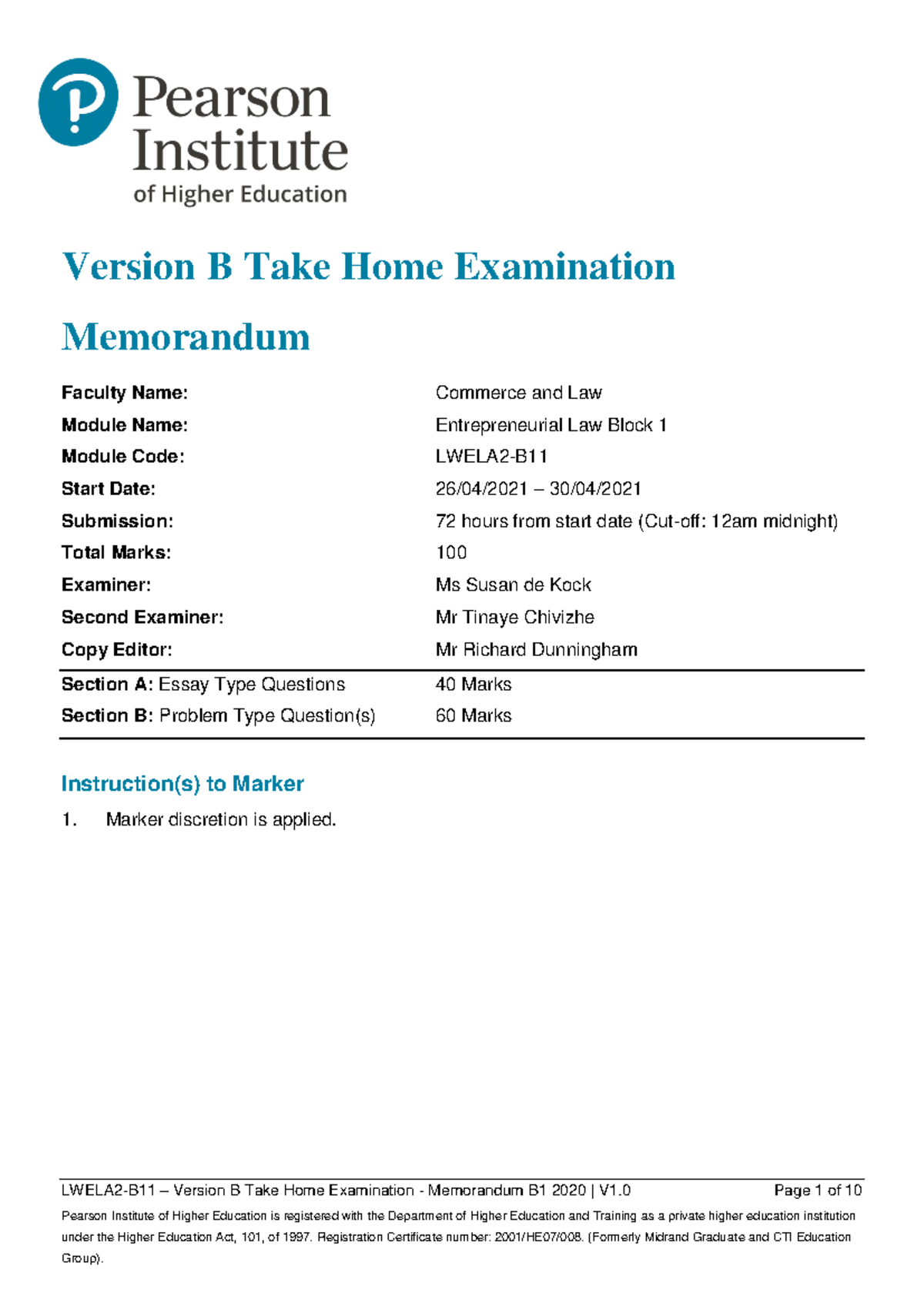 Bcom Law Examination summative Eduvos block 1 - LWELA2-B11 – Version B ...