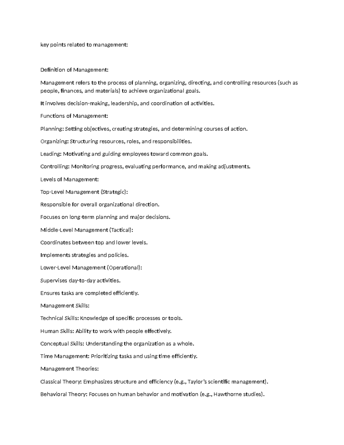 Management - Details Note - key points related to management ...