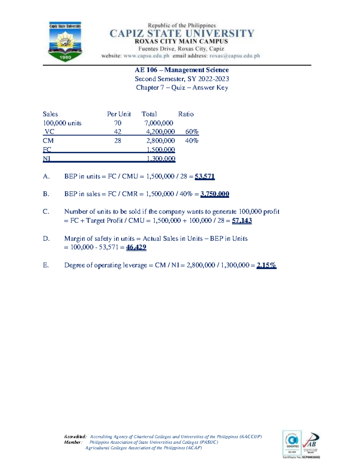 AE 106 Answer Key Quiz Chapter 7 - Accredited: Accrediting Agency of Chartered Colleges and ...