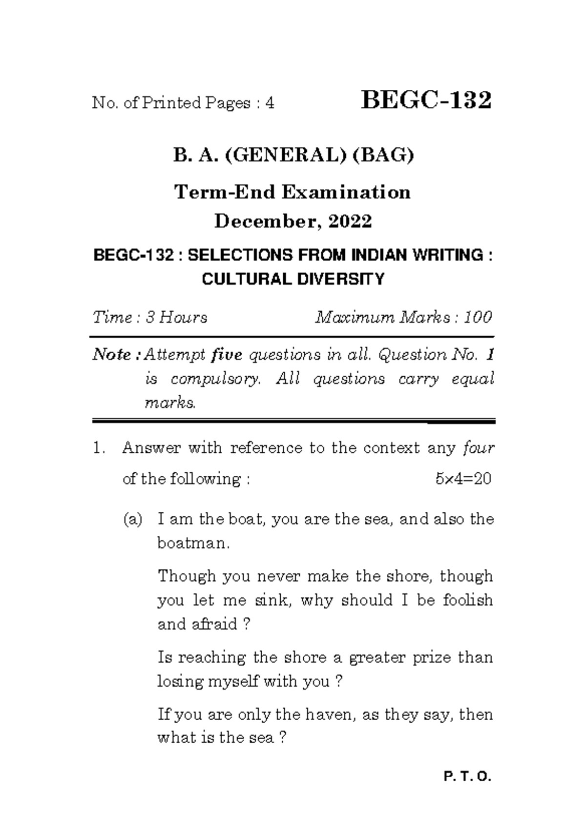 BEGC-132 - P. T. O. No. of Printed Pages : 4 BEGC- B. A. (GENERAL) (BAG ...