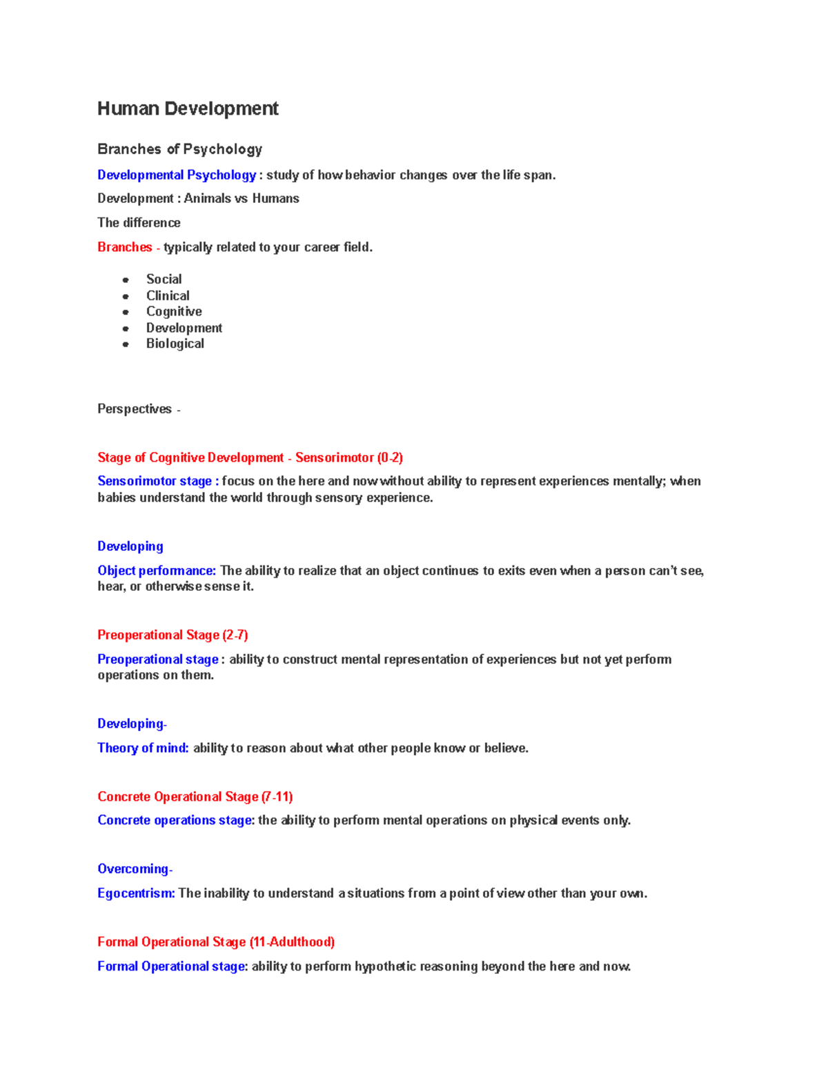 Psych Lecture Notes 3 - Human Development Branches of Psychology ...