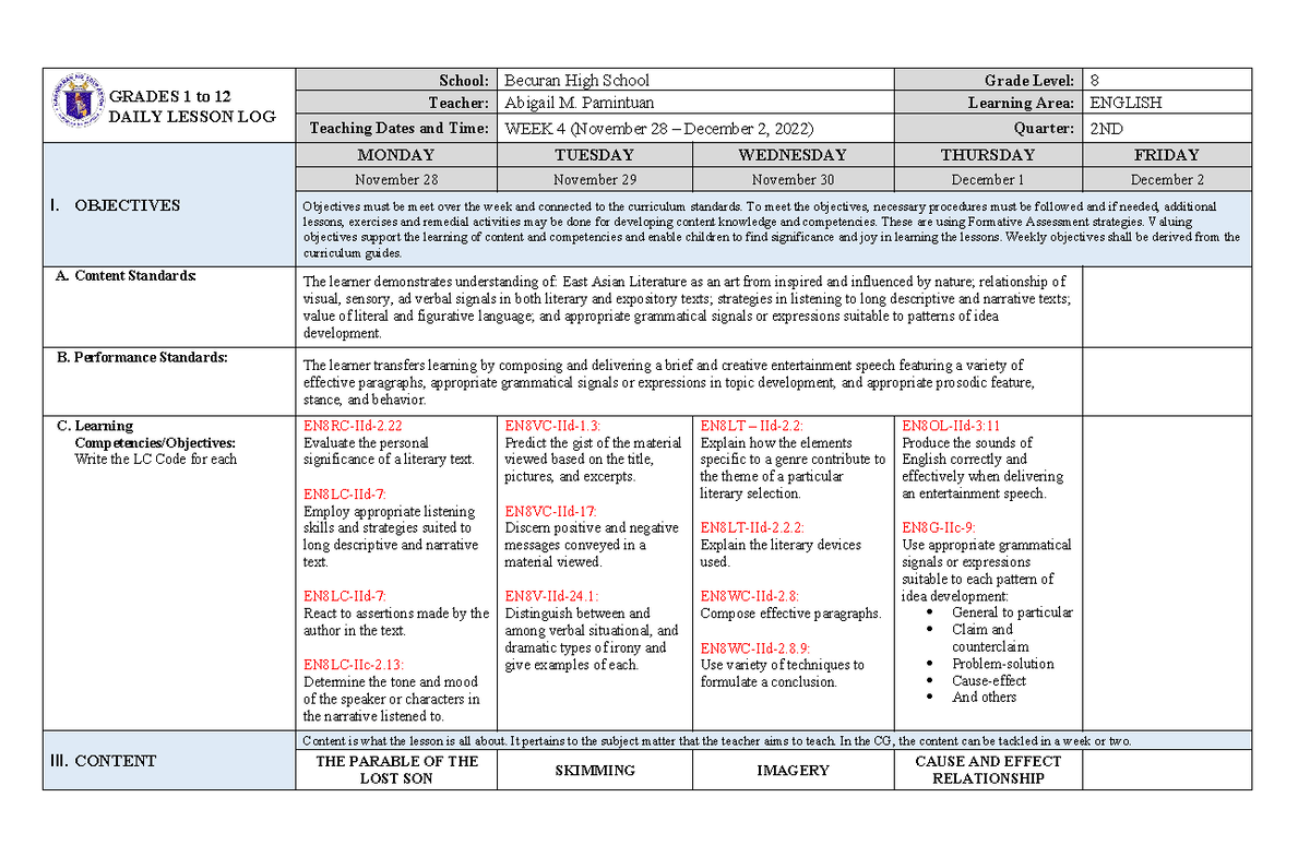 DLL - Daily Lesson Plan - GRADES 1 to 12 DAILY LESSON LOG School ...