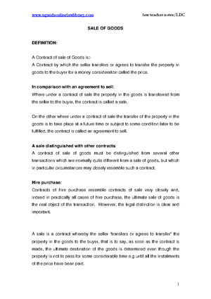 LAW OF SALE OF Goods Notes - LAW OF SALE OF GOODS Law applicable: The ...
