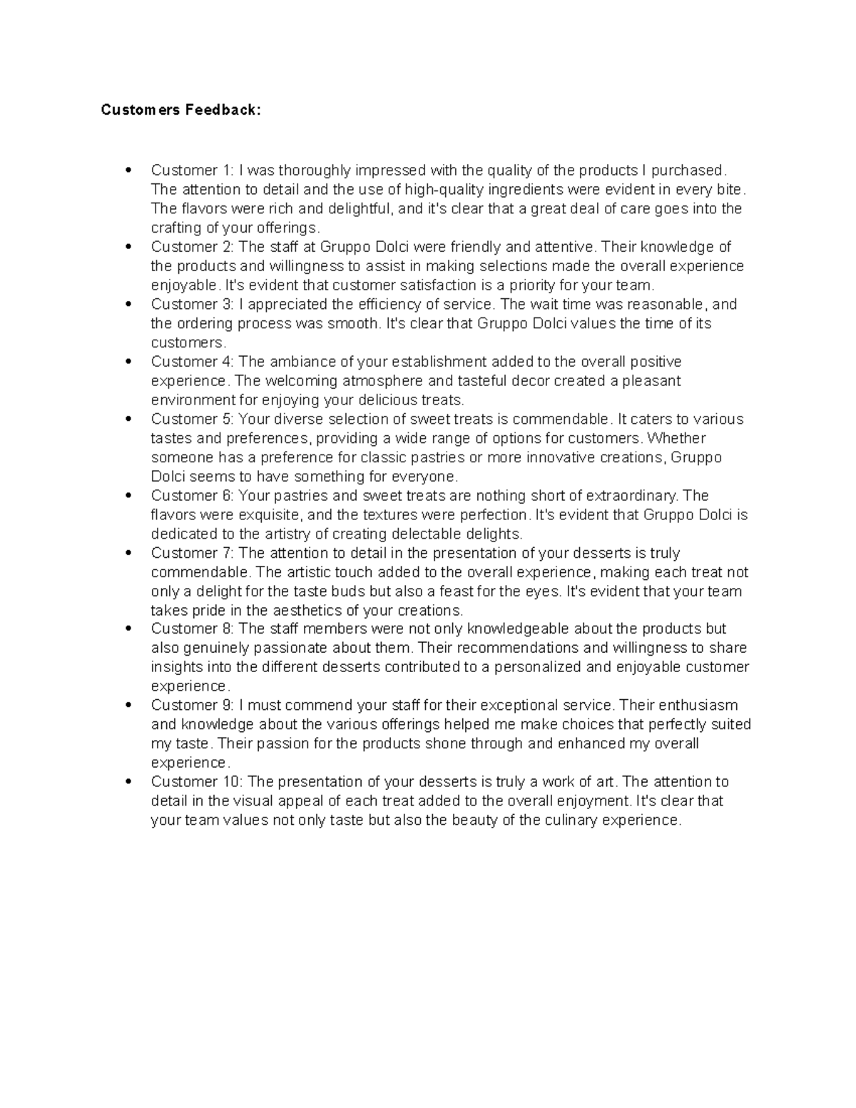 Customers-Feedback - Summary Marketing Management - Customers Feedback ...