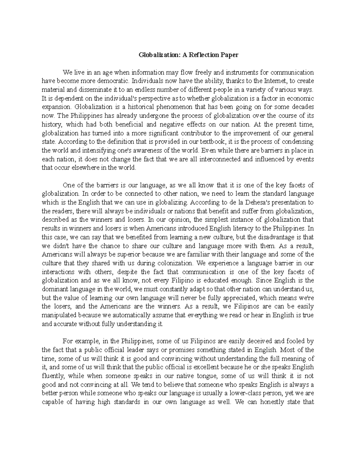 Contemp - lesson learned - Globalization: A Reflection Paper We live in ...