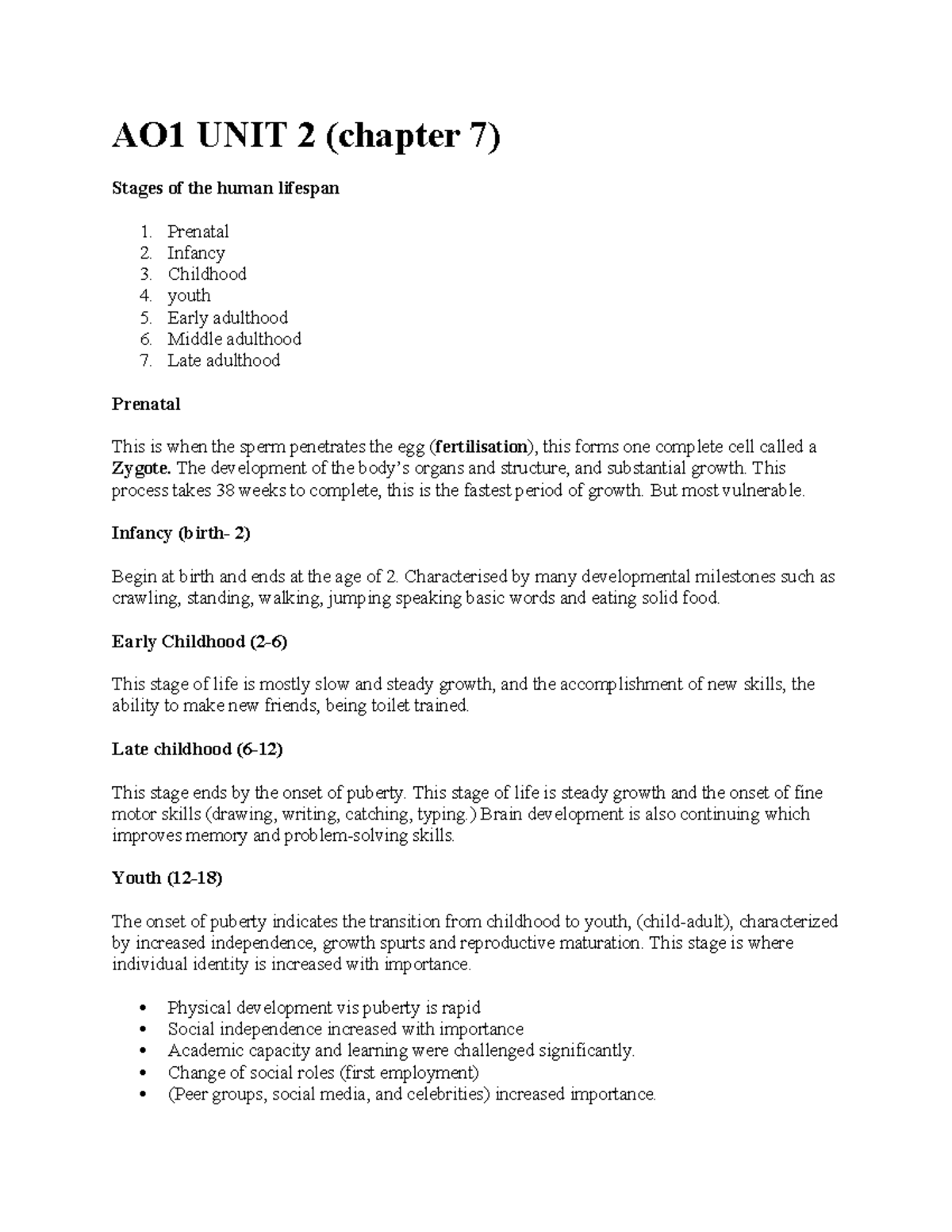 AO1 UNIT 2 SEND Notes - AO1 UNIT 2 (chapter 7) Stages of the human ...