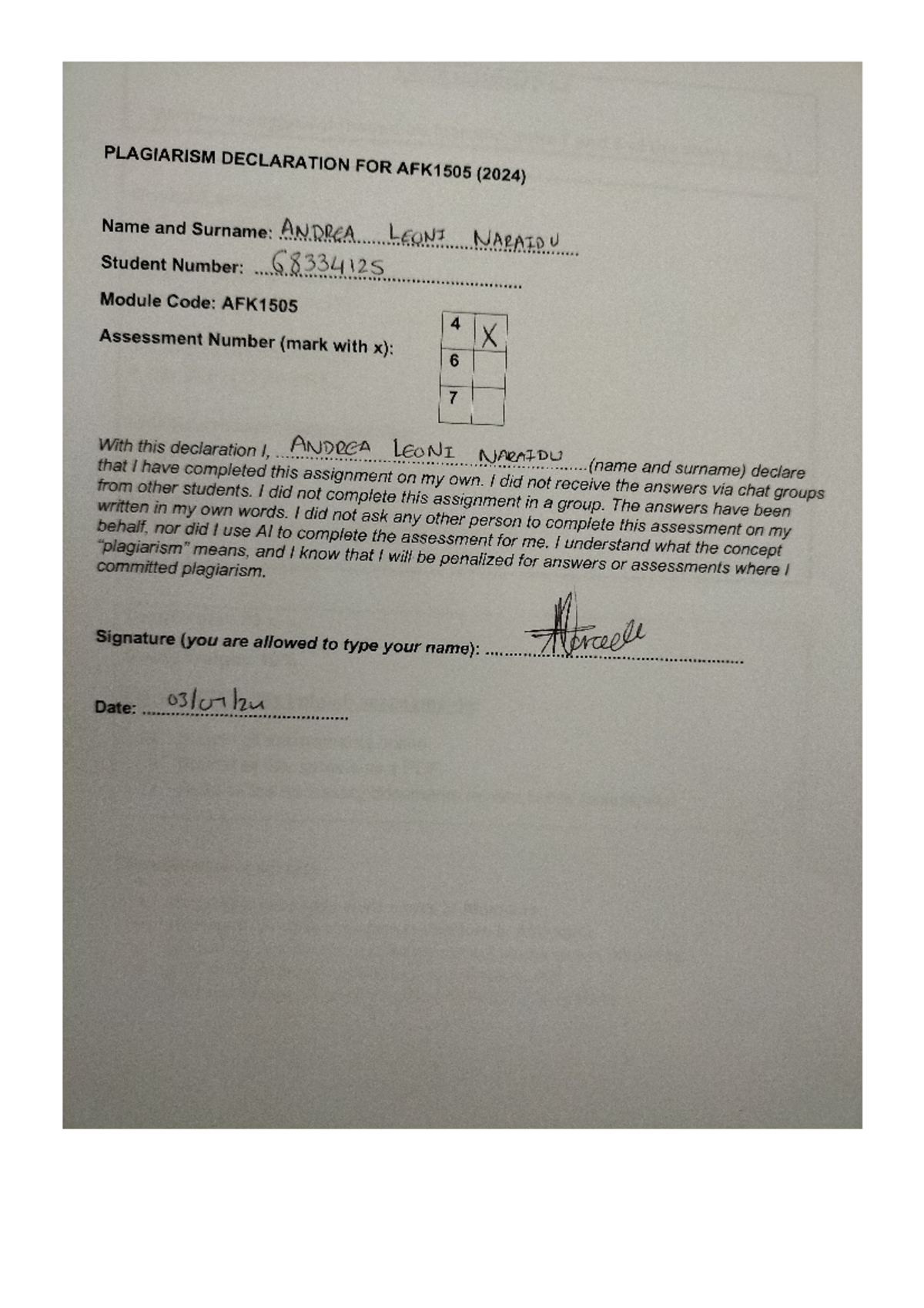 68334125 AFK1505 Assignment 04 2024 - osente: Dosent/Lecturer: Dr. L ...