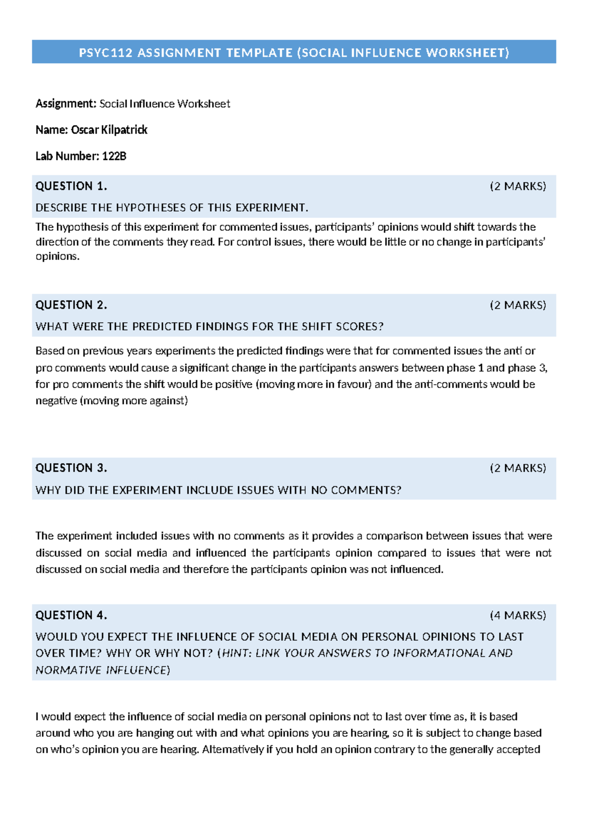 Lab 7 - LAB 7 notes - PSYC112 ASSIGNMENT TEMPLATE (SOCIAL INFLUENCE ...