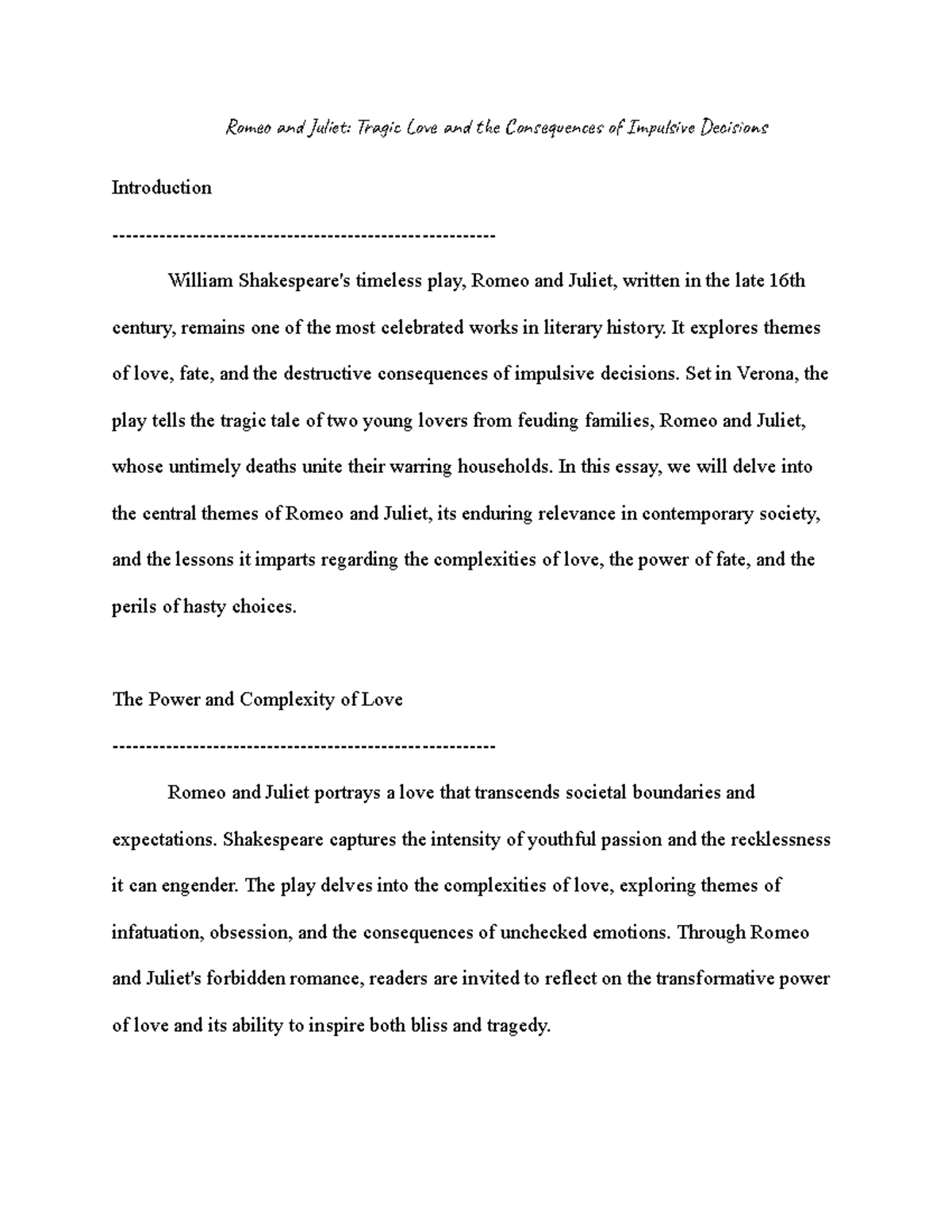 Romeo and Juliet Tragic Love and the Consequences of Impulsive ...