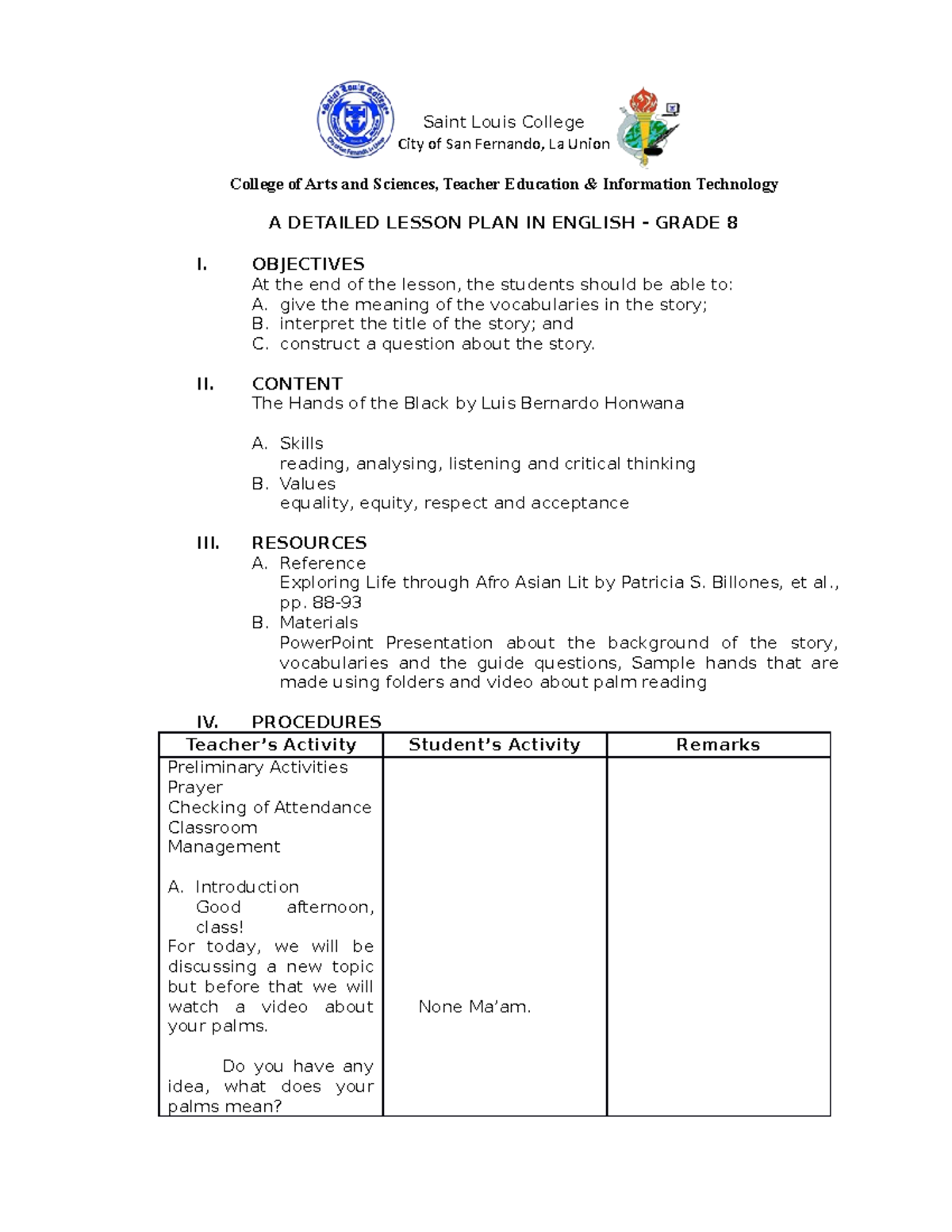 LP #5 revised - It is a lesson plan for teaching grade 8 students ...