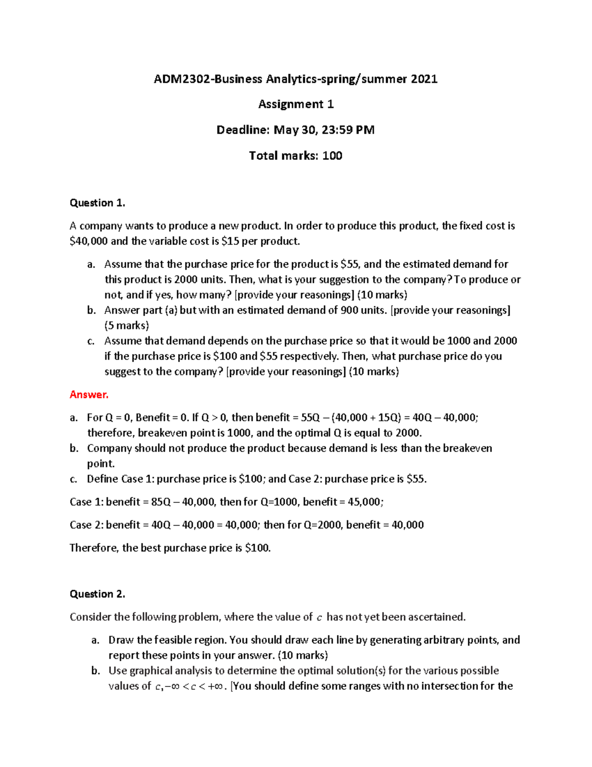 Assignment 1 - Solutions - ADM2302-Business Analytics-spring/summer 2021 Assignment 1 Deadline ...